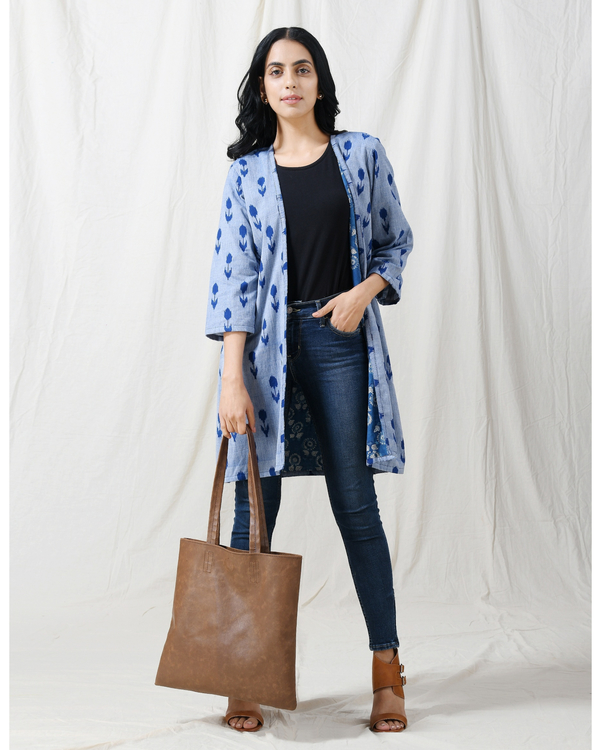 Blue open jacket with printed inner lining by Raasleela | The Secret Label