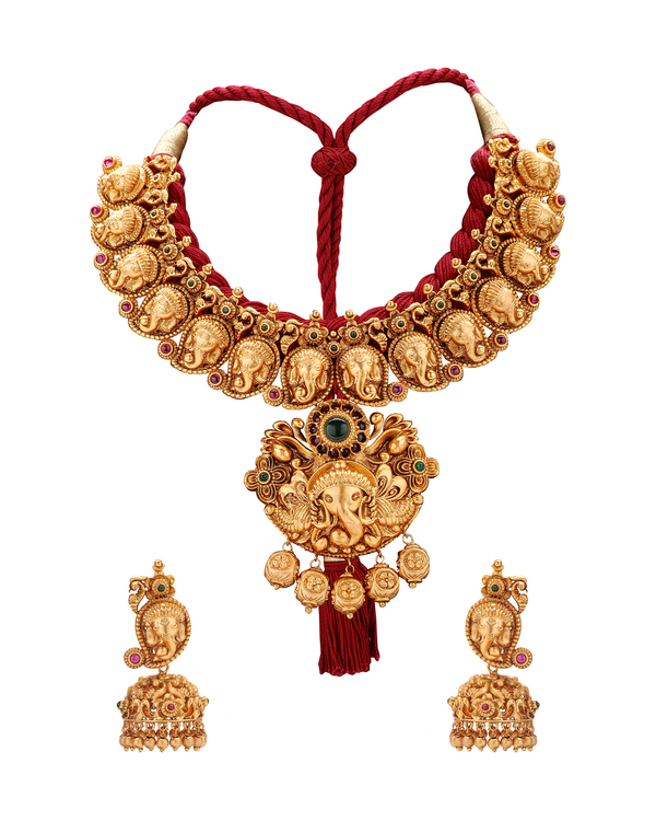 Vinayak red resham thread temple neckpiece set- set of two by Joules By ...