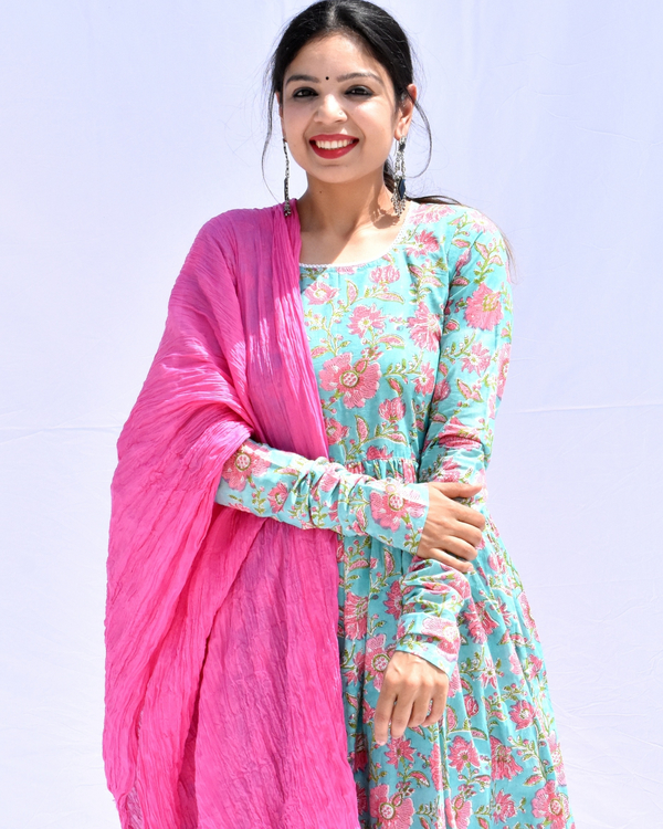 Blue Floral Gathered Anarkali Kurta And Palazzo With Pink Dupatta Set