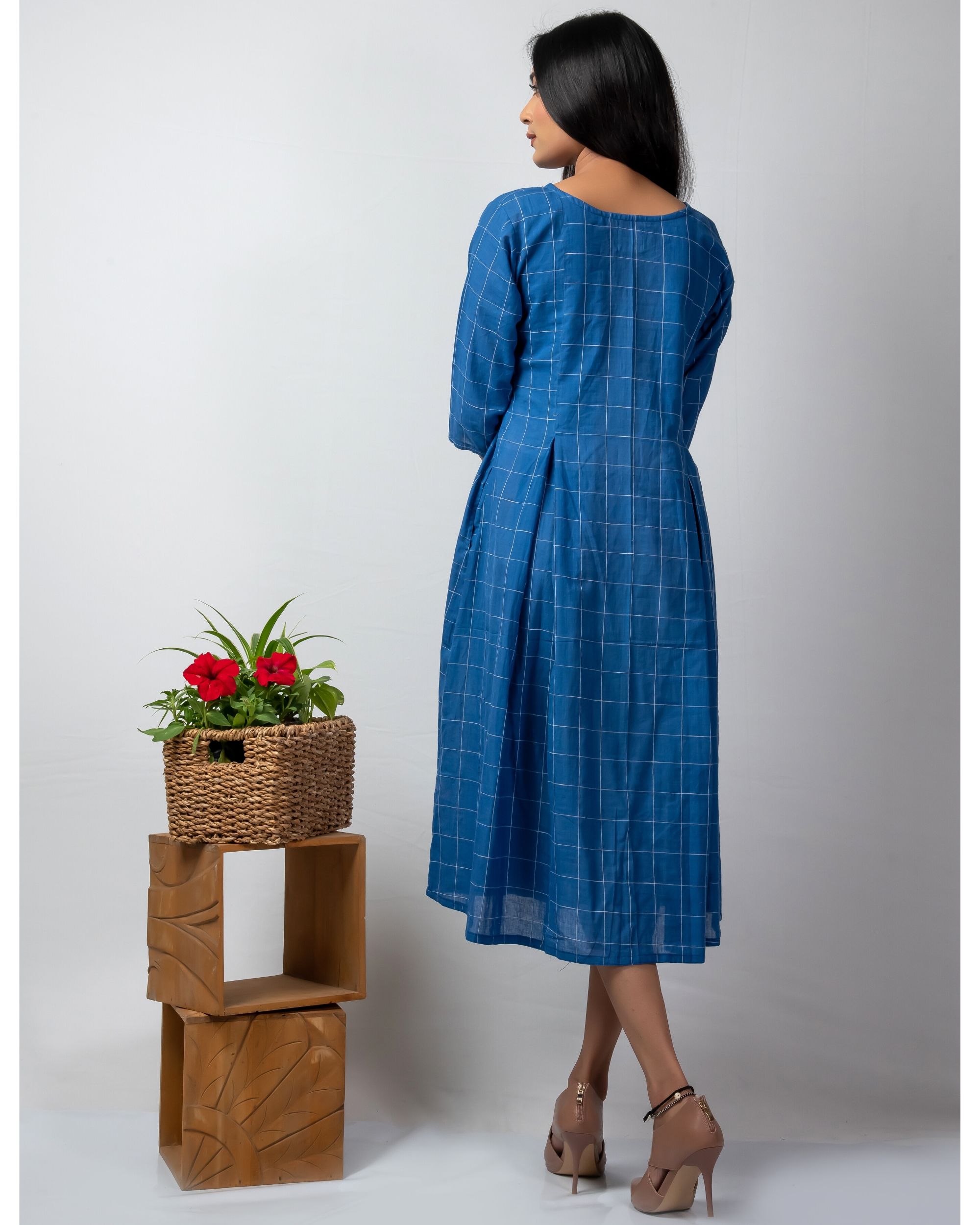 Blue checkered dress with embroidery by Silai | The Secret Label