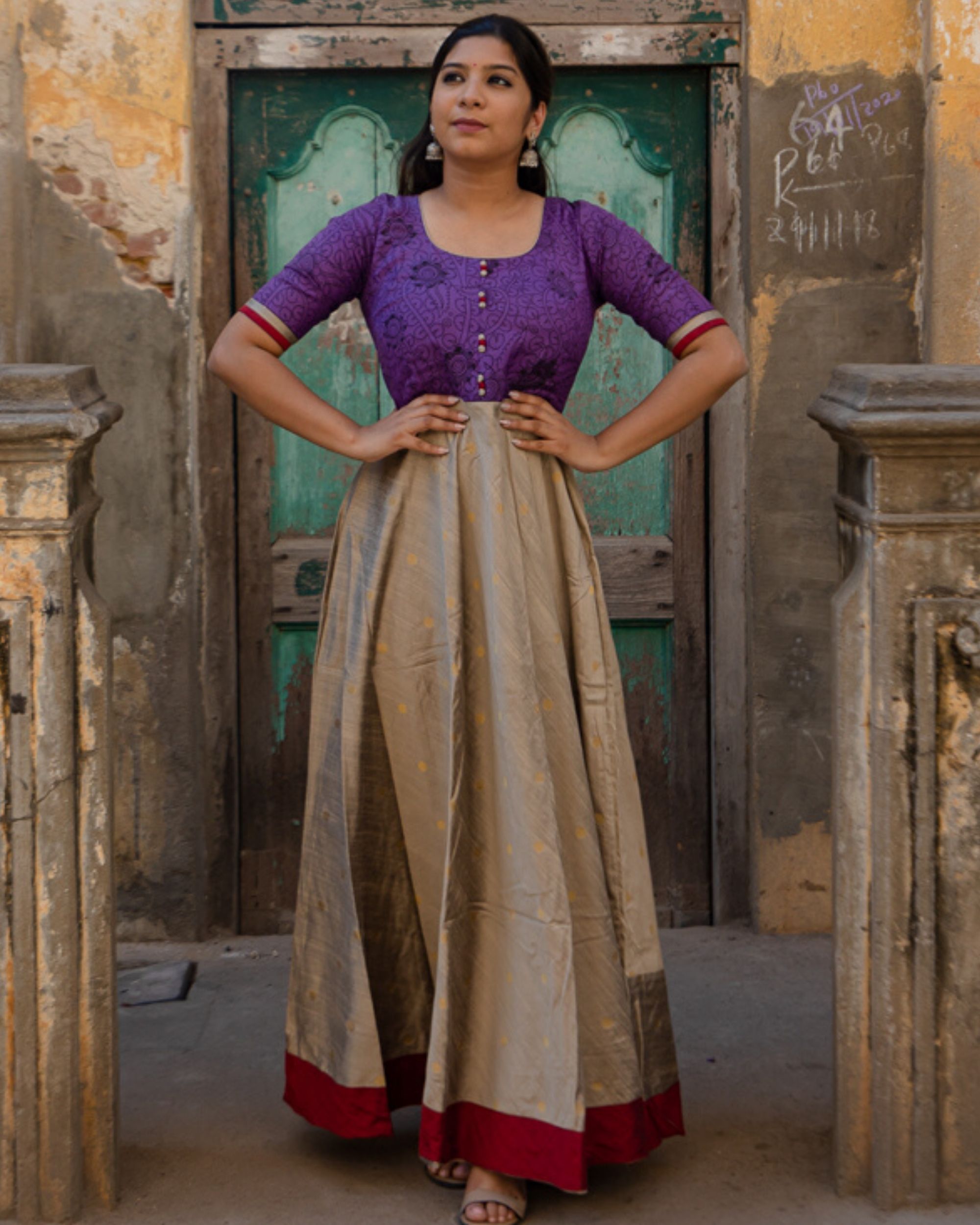 Violet and creamish grey yoke flared dress by Ekanta | The Secret Label