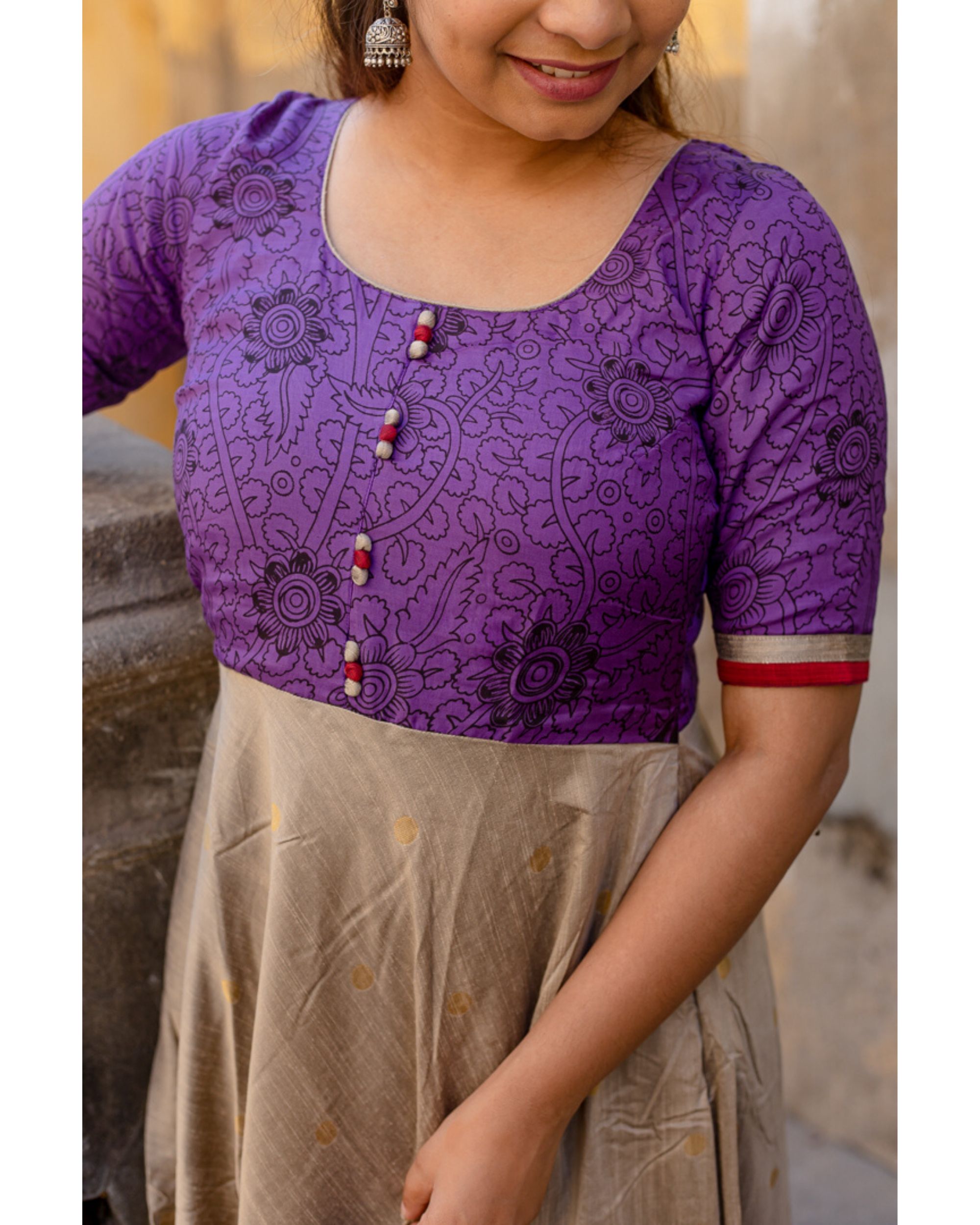 Violet and creamish grey yoke flared dress by Ekanta | The Secret Label