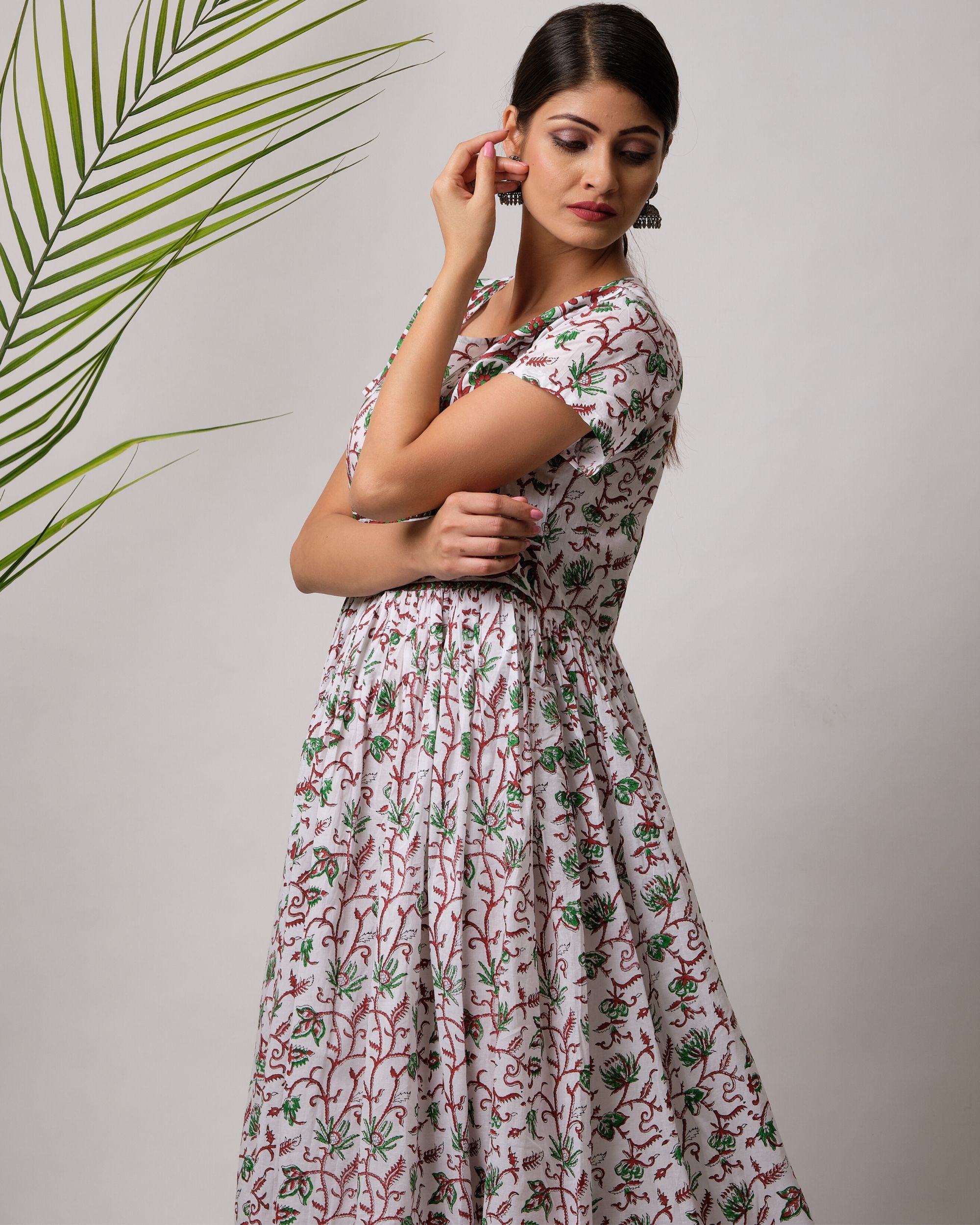 White and green jaal printed dress by Free Living | The Secret Label