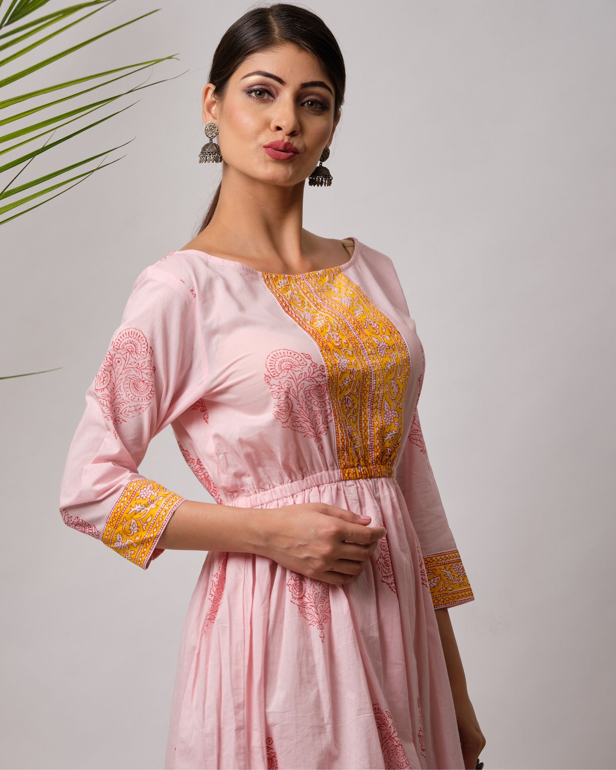 Pink and orange panel printed gathered dress by Free Living | The ...