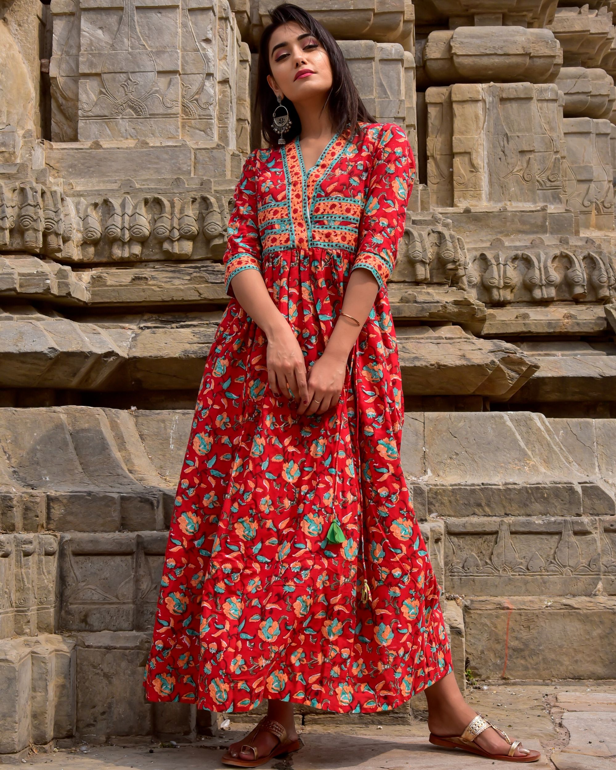 Red floral jaal dress by Kaaj | The Secret Label