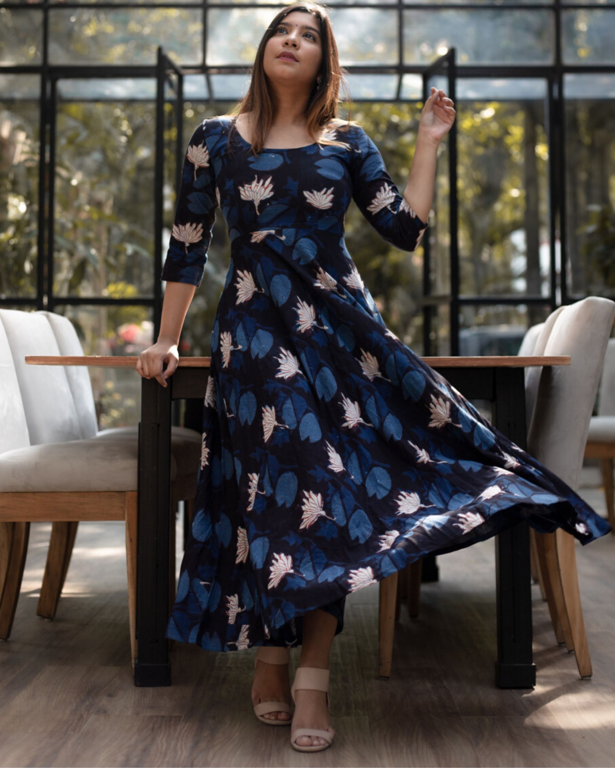 Black and blue lotus motif block printed dress by Athira Designs | The ...