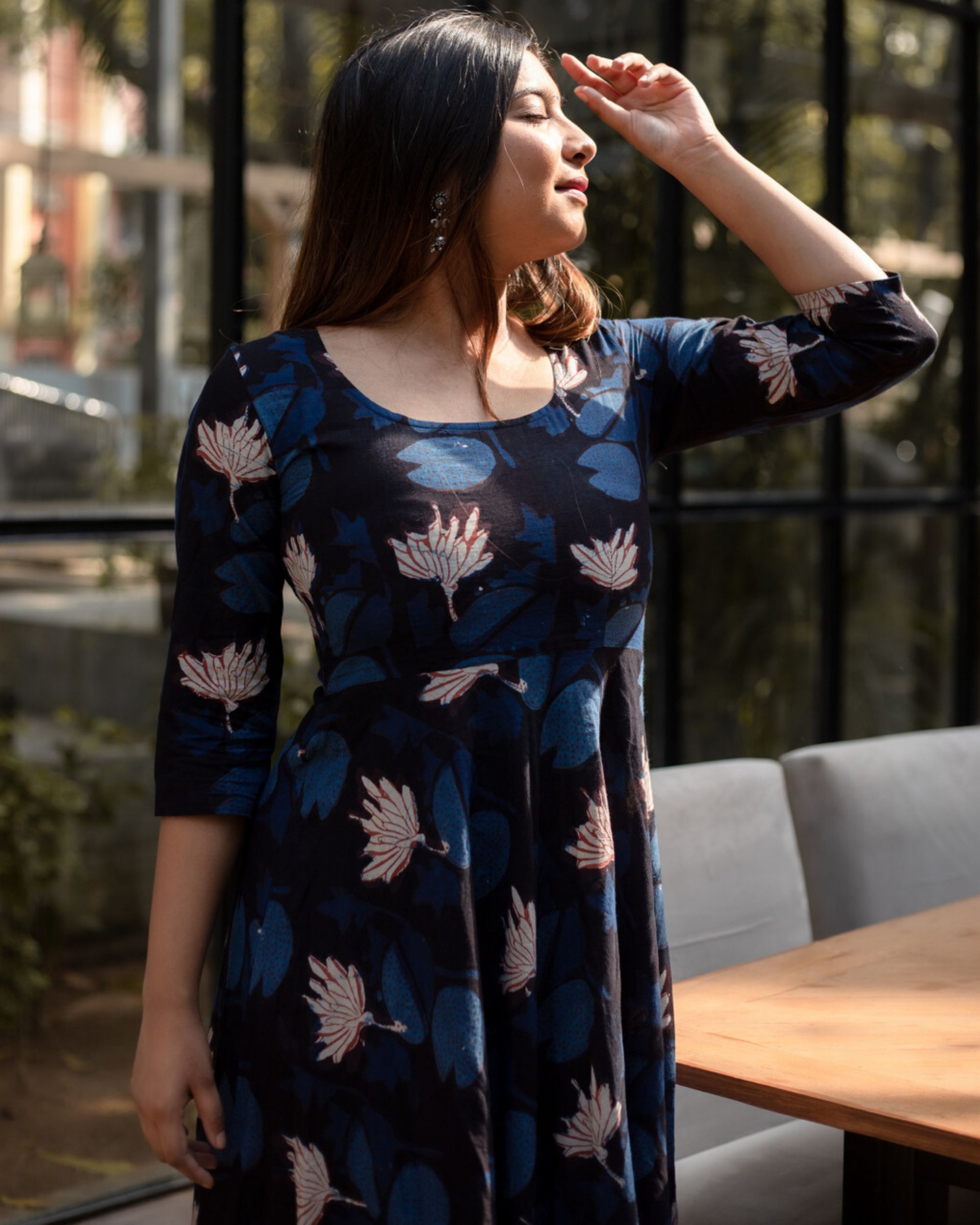 Black and blue lotus motif block printed dress by Athira Designs | The ...