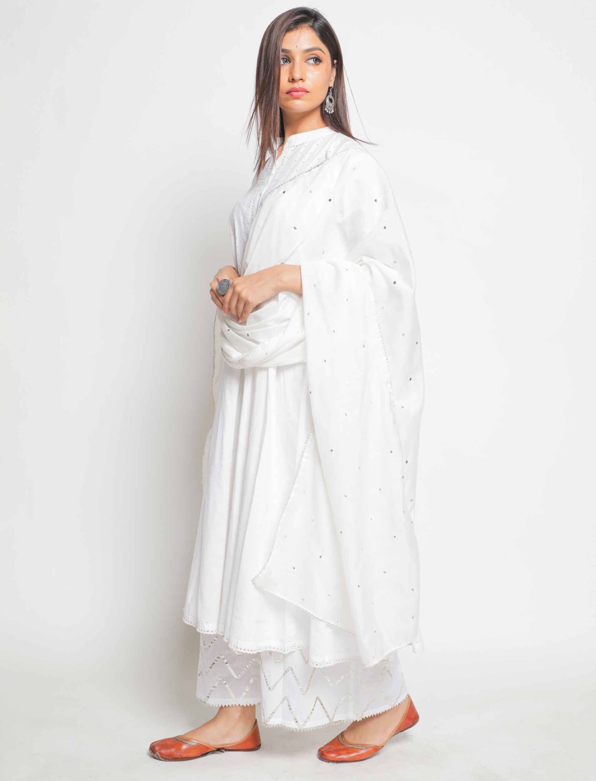 White badla work kalidar kurta and pants with dupatta- Set Of Three by ...