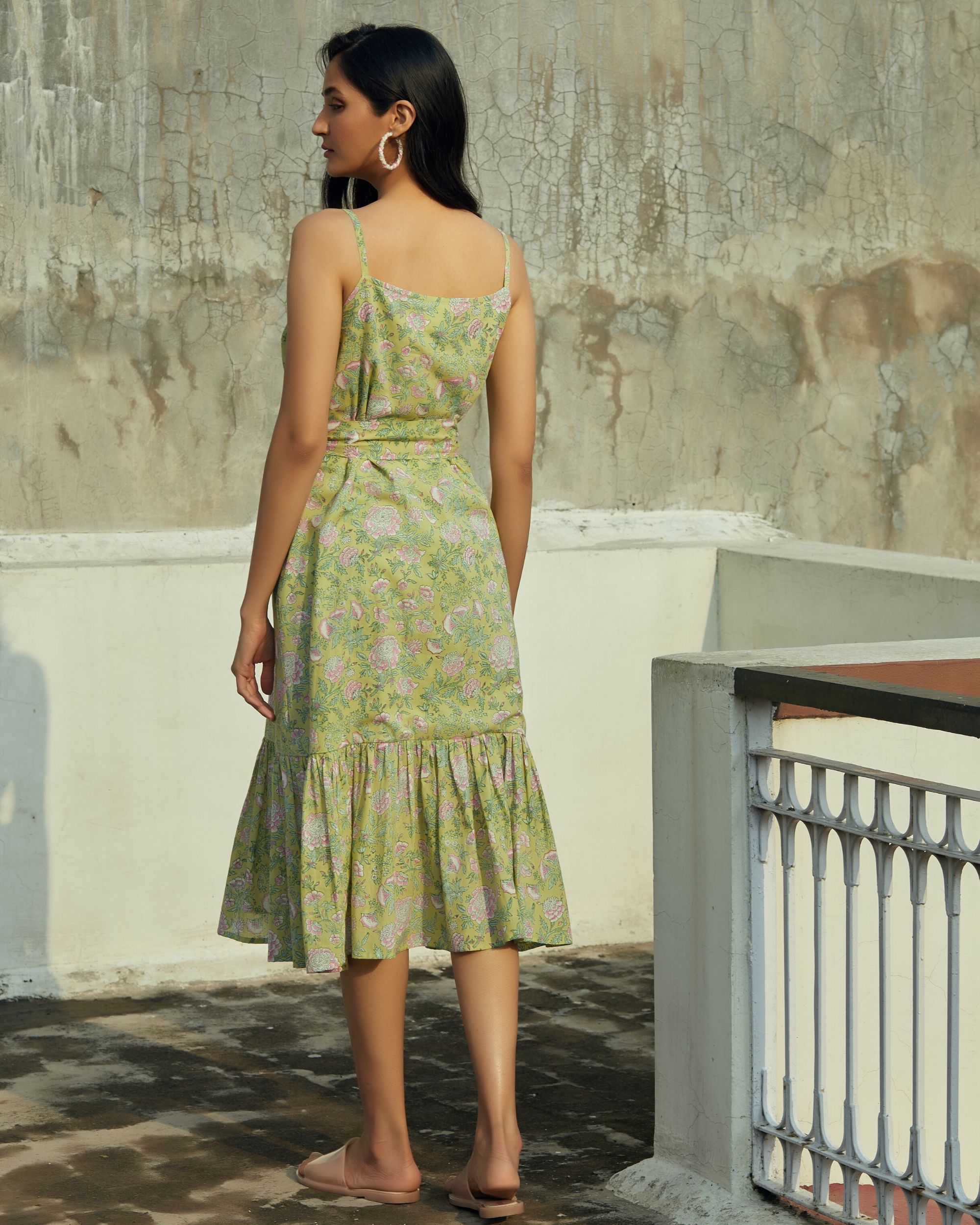 Green floral ruffled strap dress by Ekanya | The Secret Label