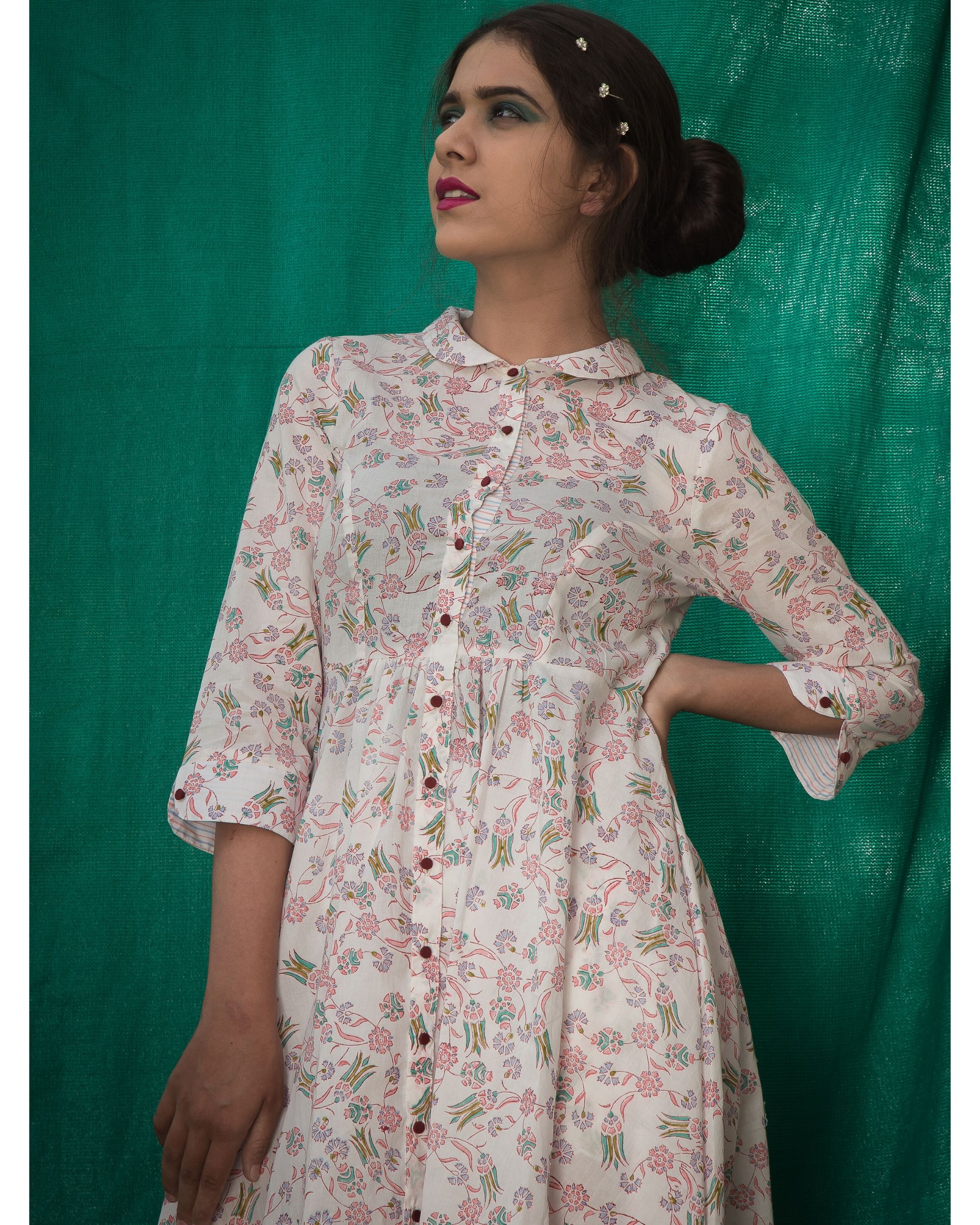 White floral buttoned dress by Medhya | The Secret Label