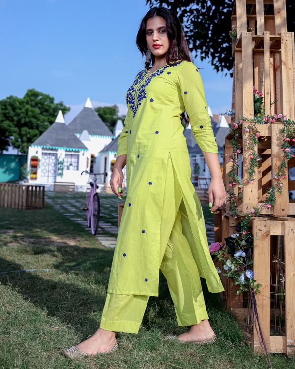Lime green and blue dori embroidered kurta and palazzo- Set Of Two by ...