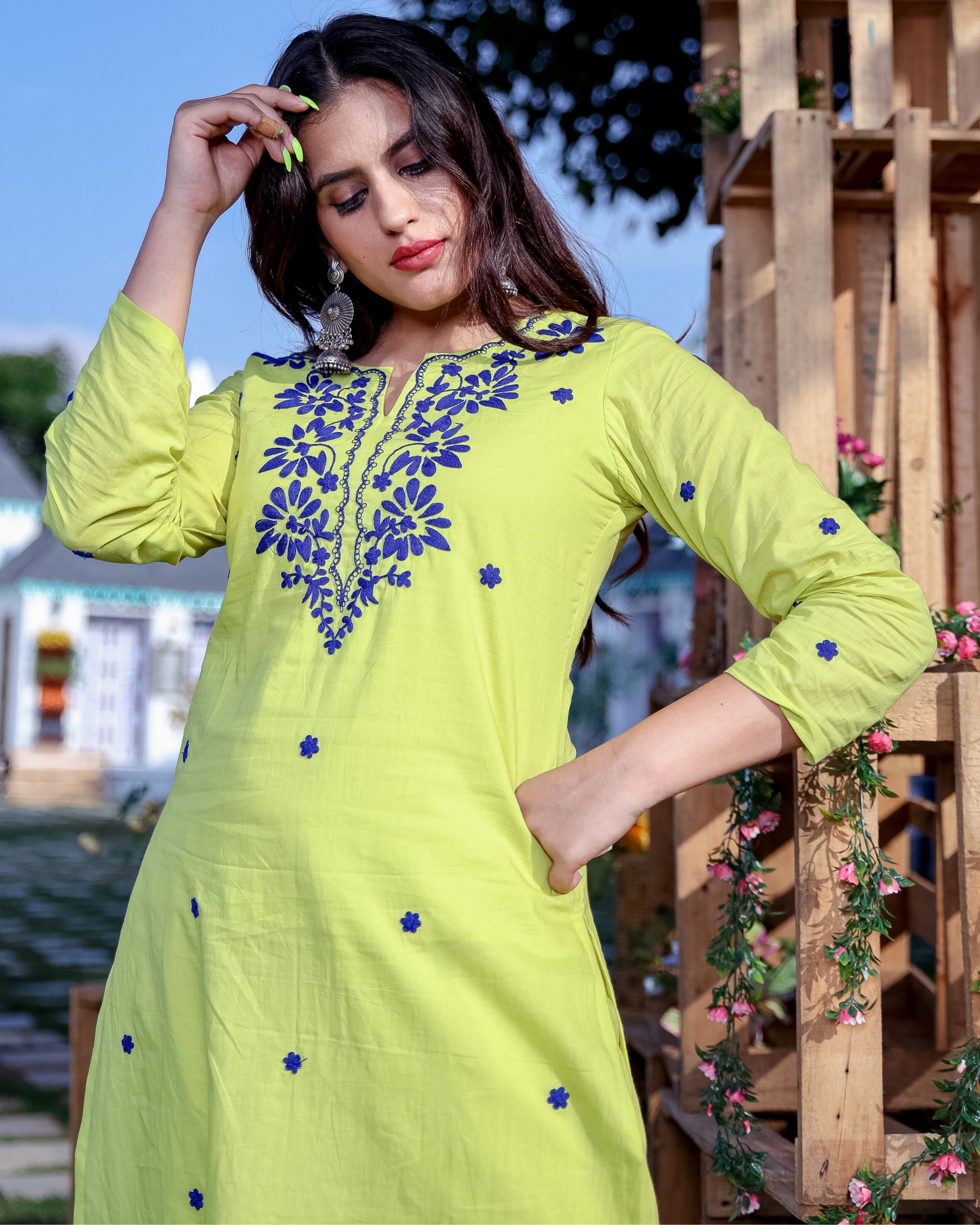 Lime green and blue dori embroidered kurta and palazzo- Set Of Two by ...