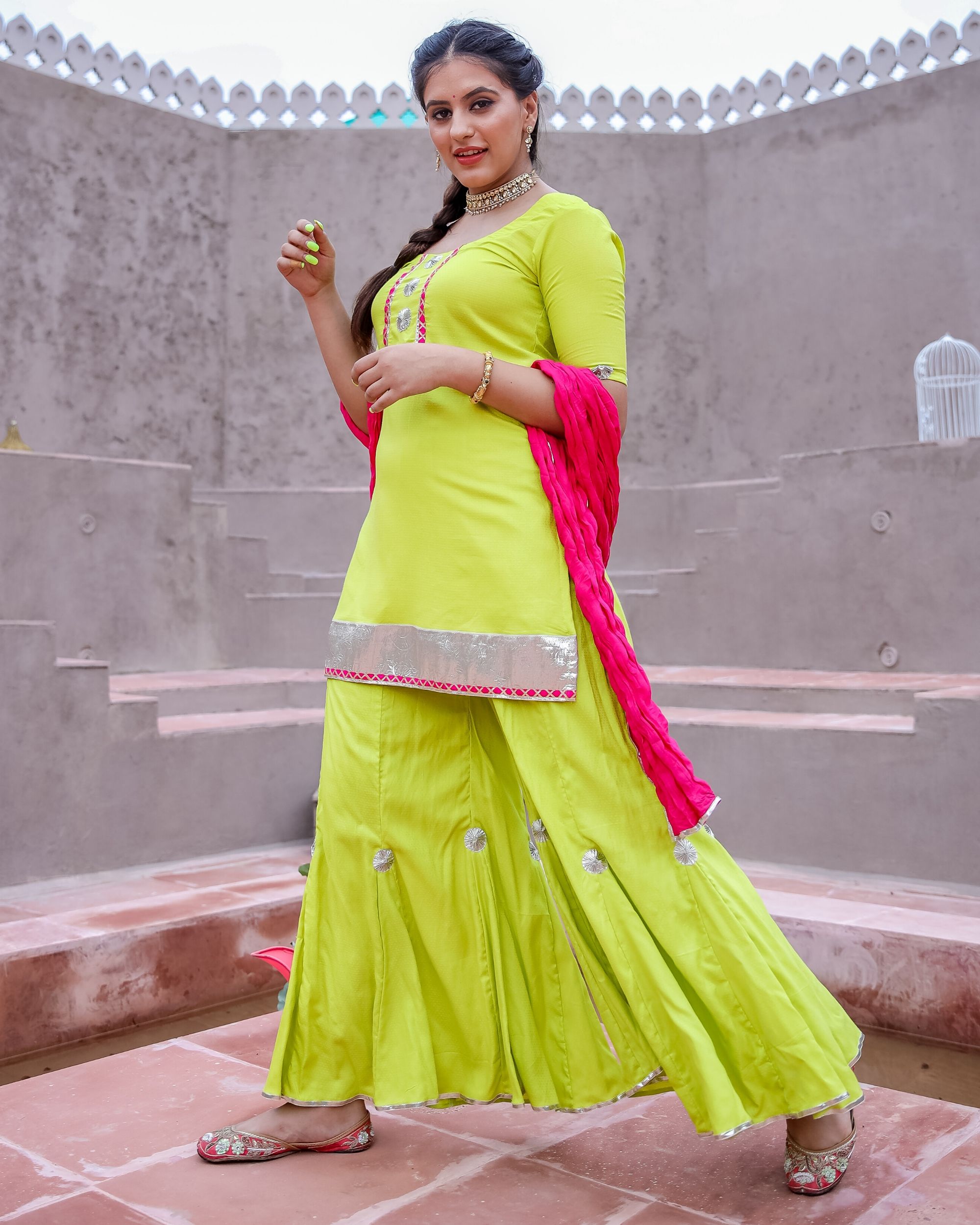 Neon green gota kurta and sharara with dupatta- Set Of Three by Ambraee ...