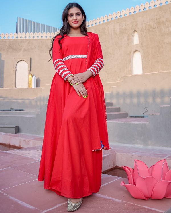 Red crochet maxi dress with dupatta- Set Of Two by Ambraee | The Secret ...