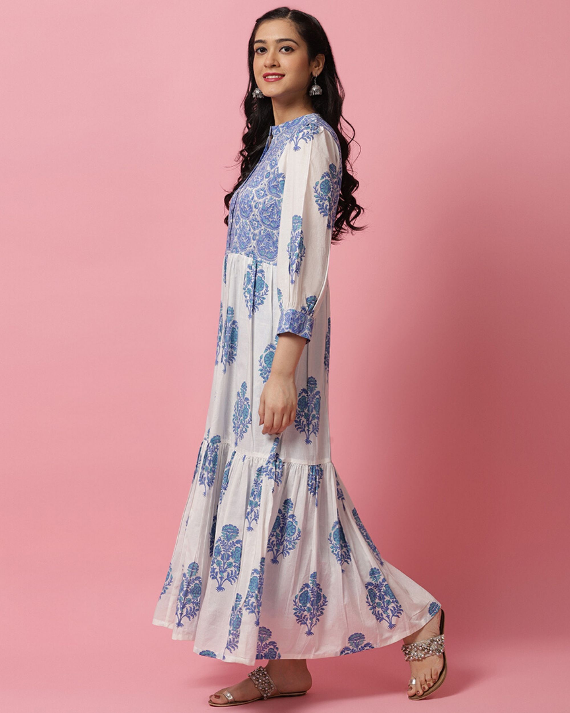 Blue hand block printed yoke maxi dress by Rivaaj | The Secret Label