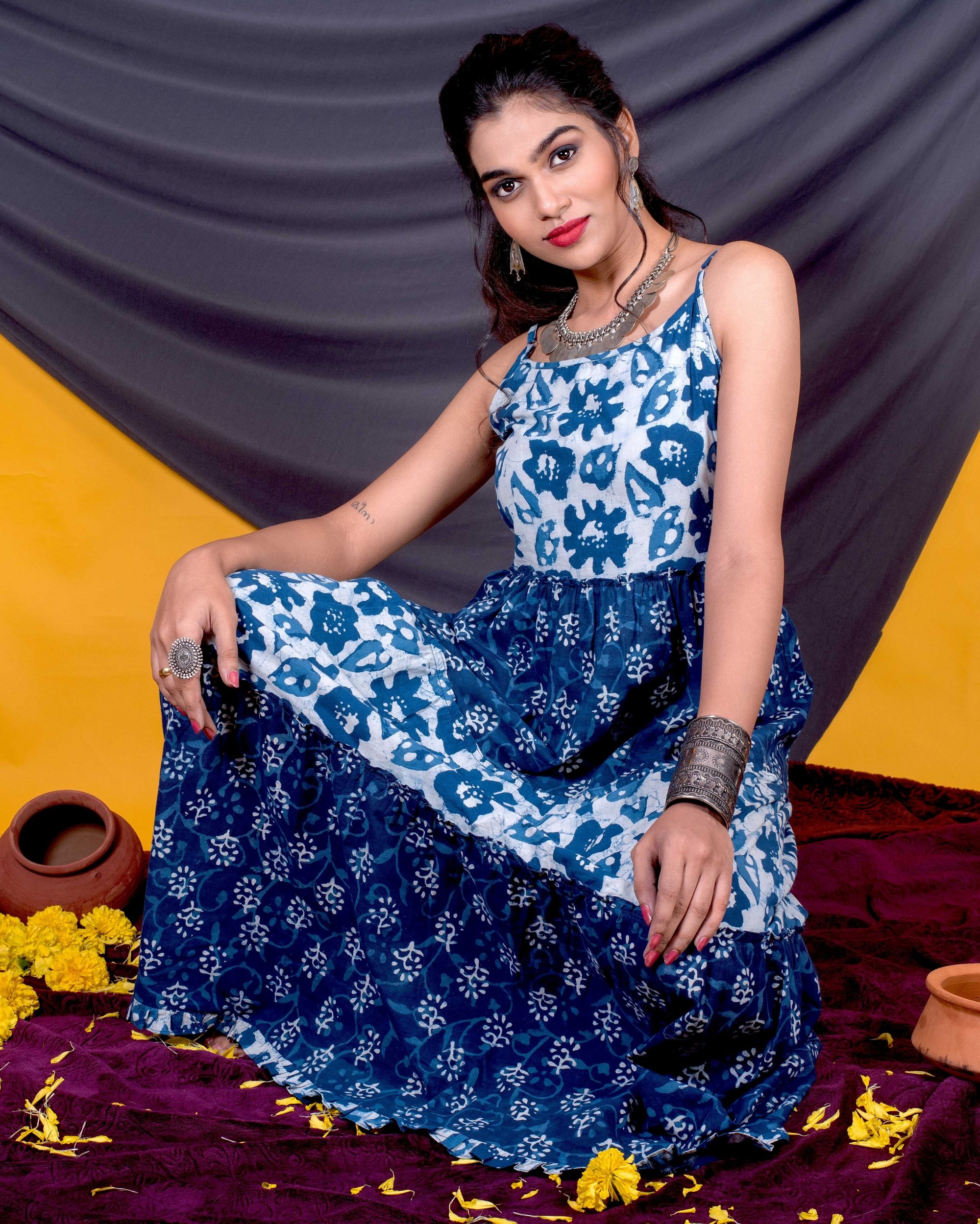 Indigo dyed maxi dress with straps by KA | The Secret Label