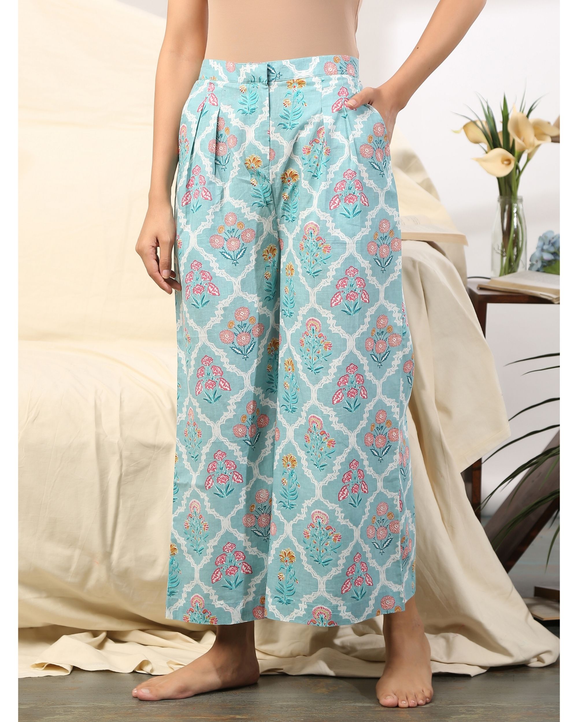 Pastel blue floral printed top and pants- Set Of Two by Raasleela | The ...