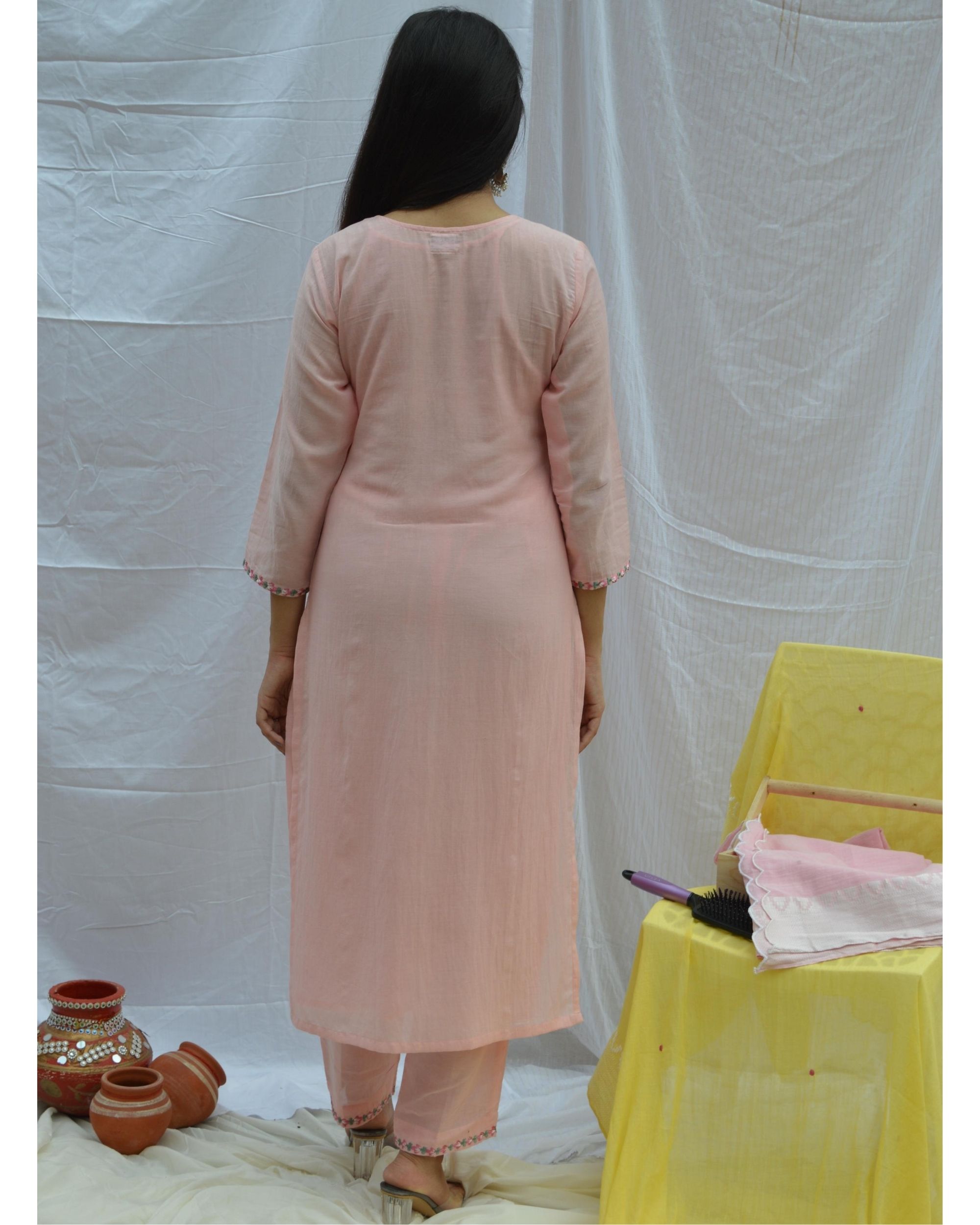Baby pink embroidered princess cut kurta and pants with dupatta- Set Of ...