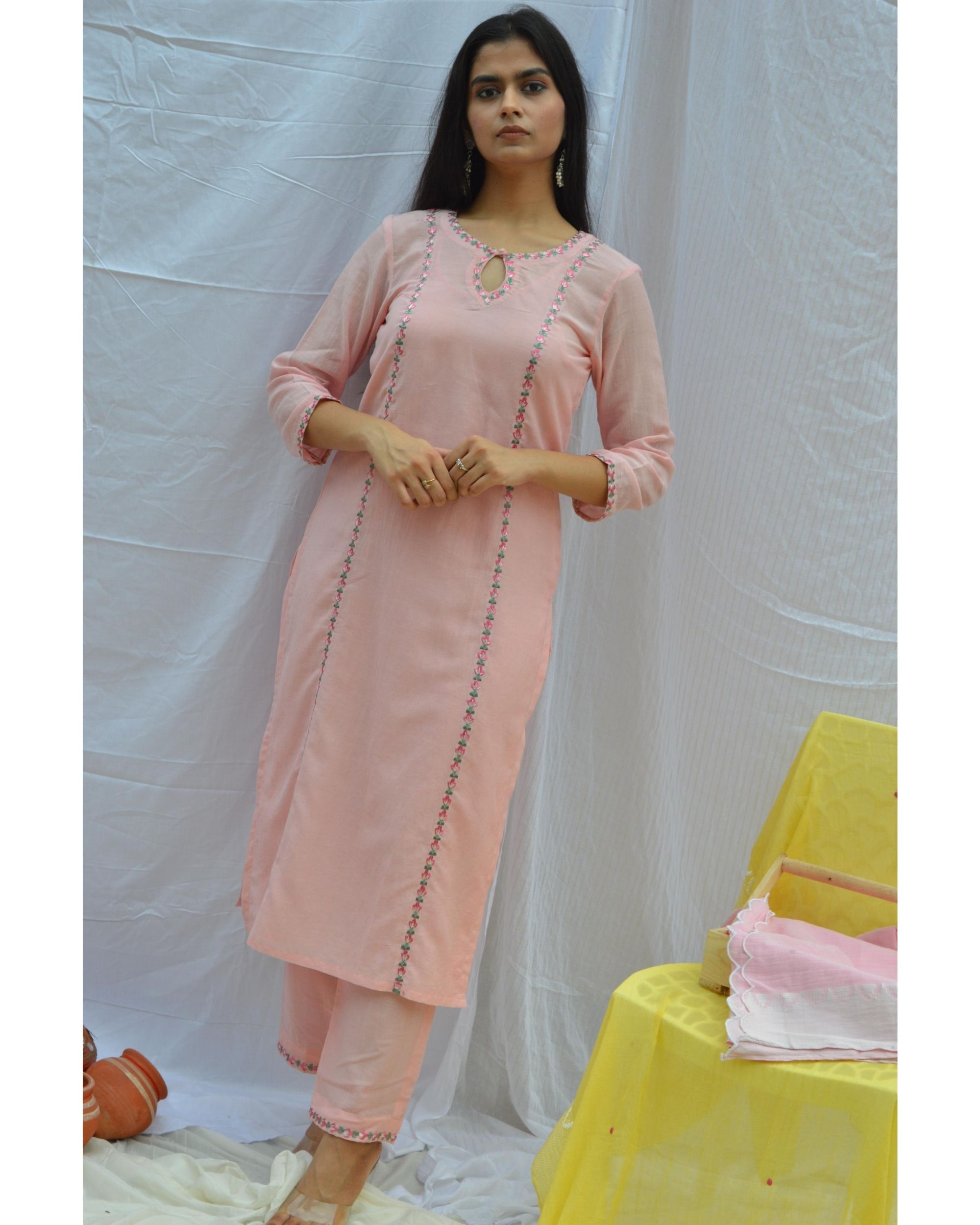 Baby pink embroidered princess cut kurta and pants with dupatta- Set Of ...