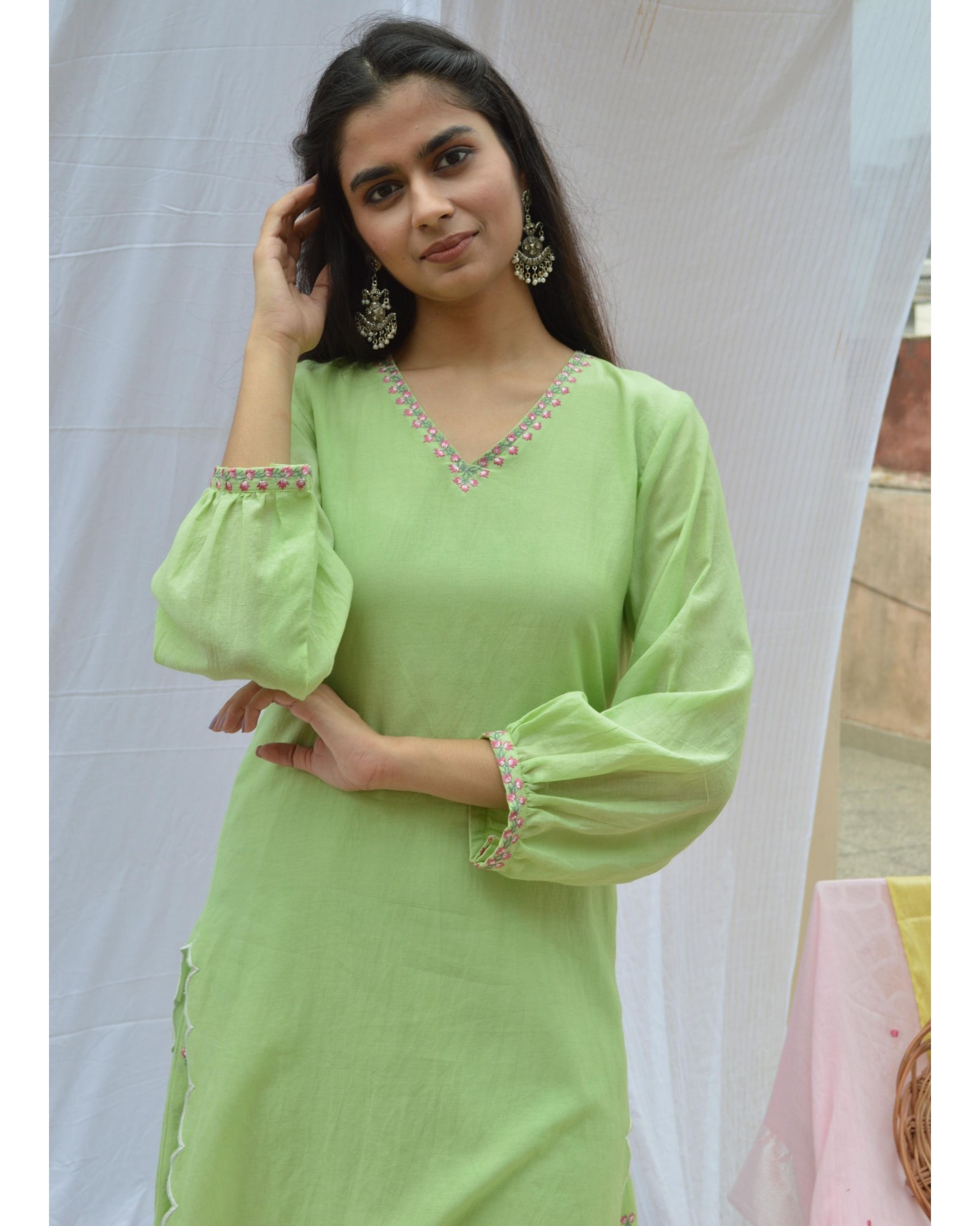 Green Embroidered Layered Kurta And Pants With Dupatta Set Of Three By