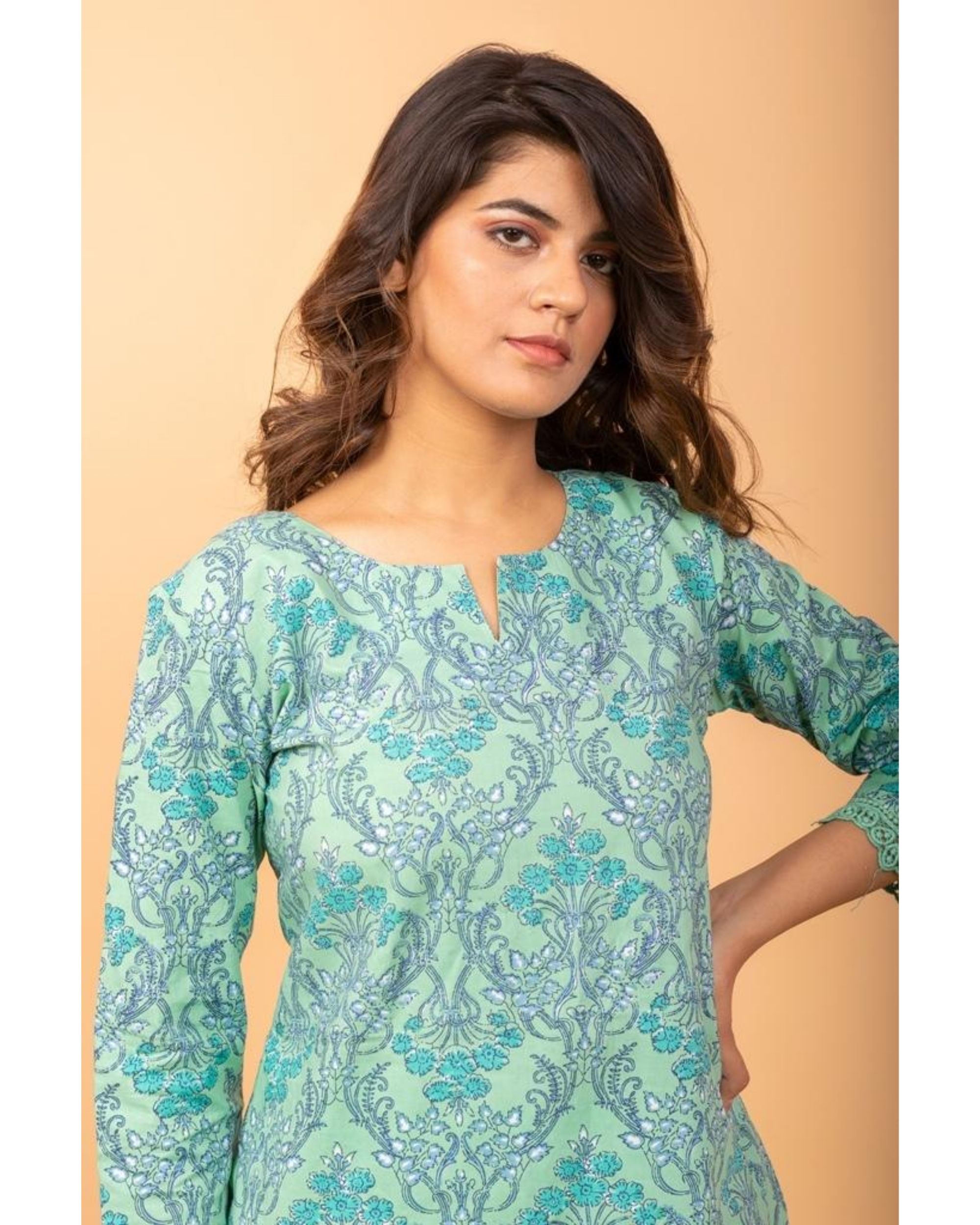 Turquoise Blue floral printed top and pants - Set Of Two by Siddhi ...