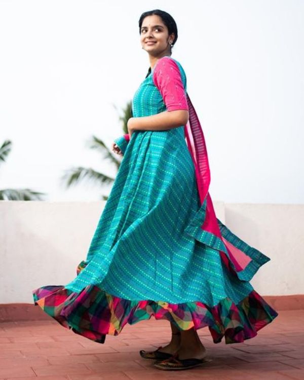 Blue Printed Ruffled Anarkali And Pink Dupatta Set Of Two By Manjal