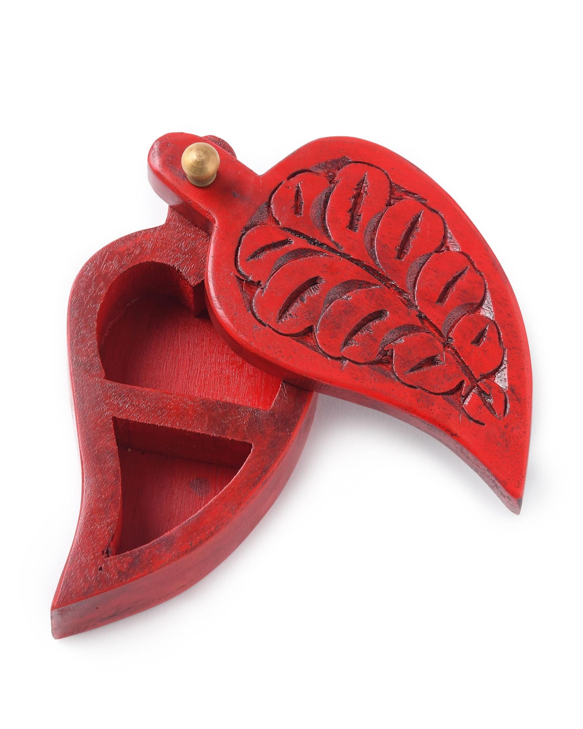 Red leaf shaped carved wooden box by Amoliconcepts | The Secret Label