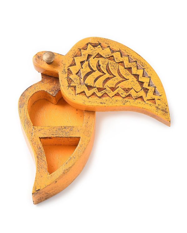 Yellow leaf shaped carved wooden box by Amoliconcepts | The Secret Label