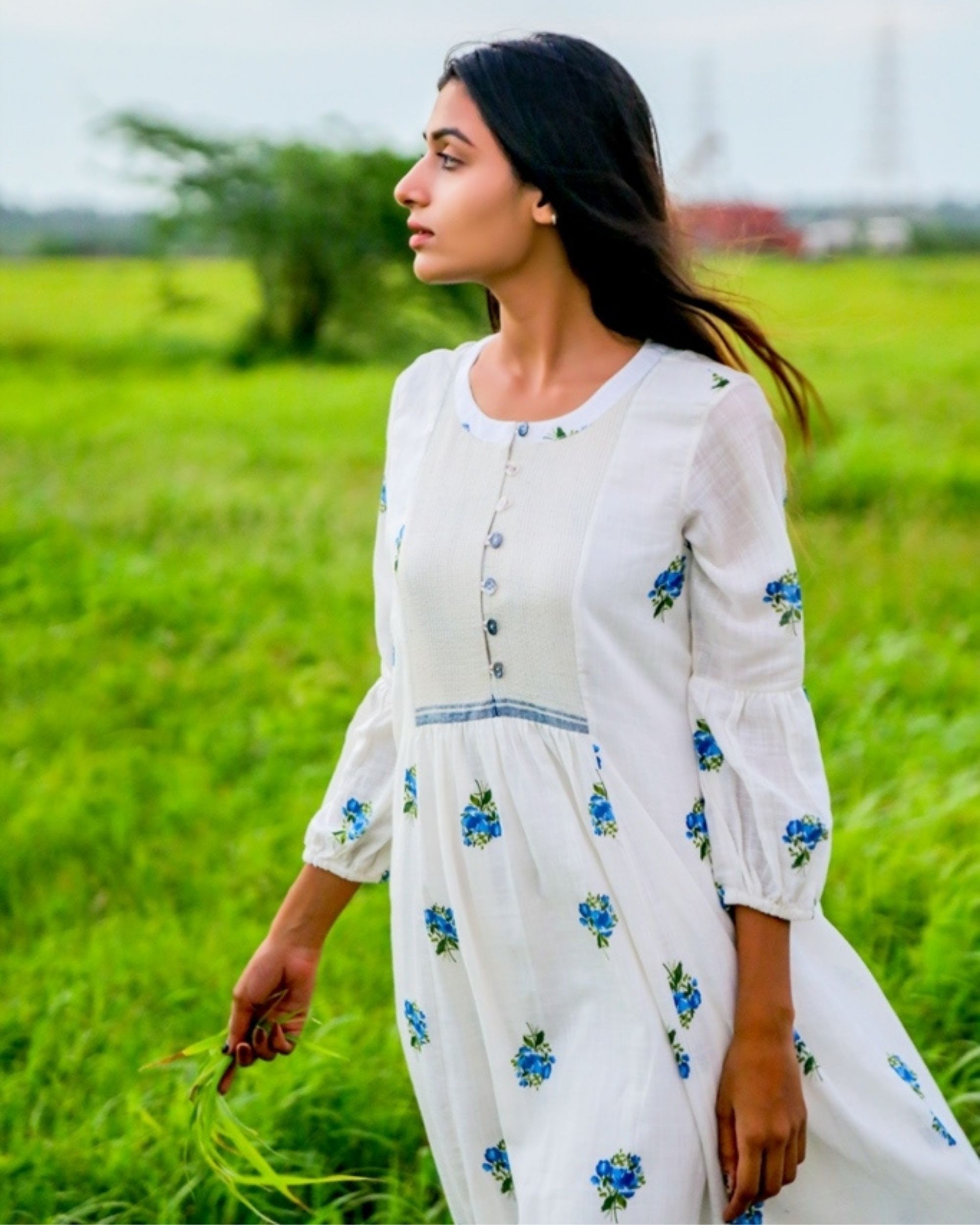 White and blue floral gathered yoke dress by The Cutting Story | The ...