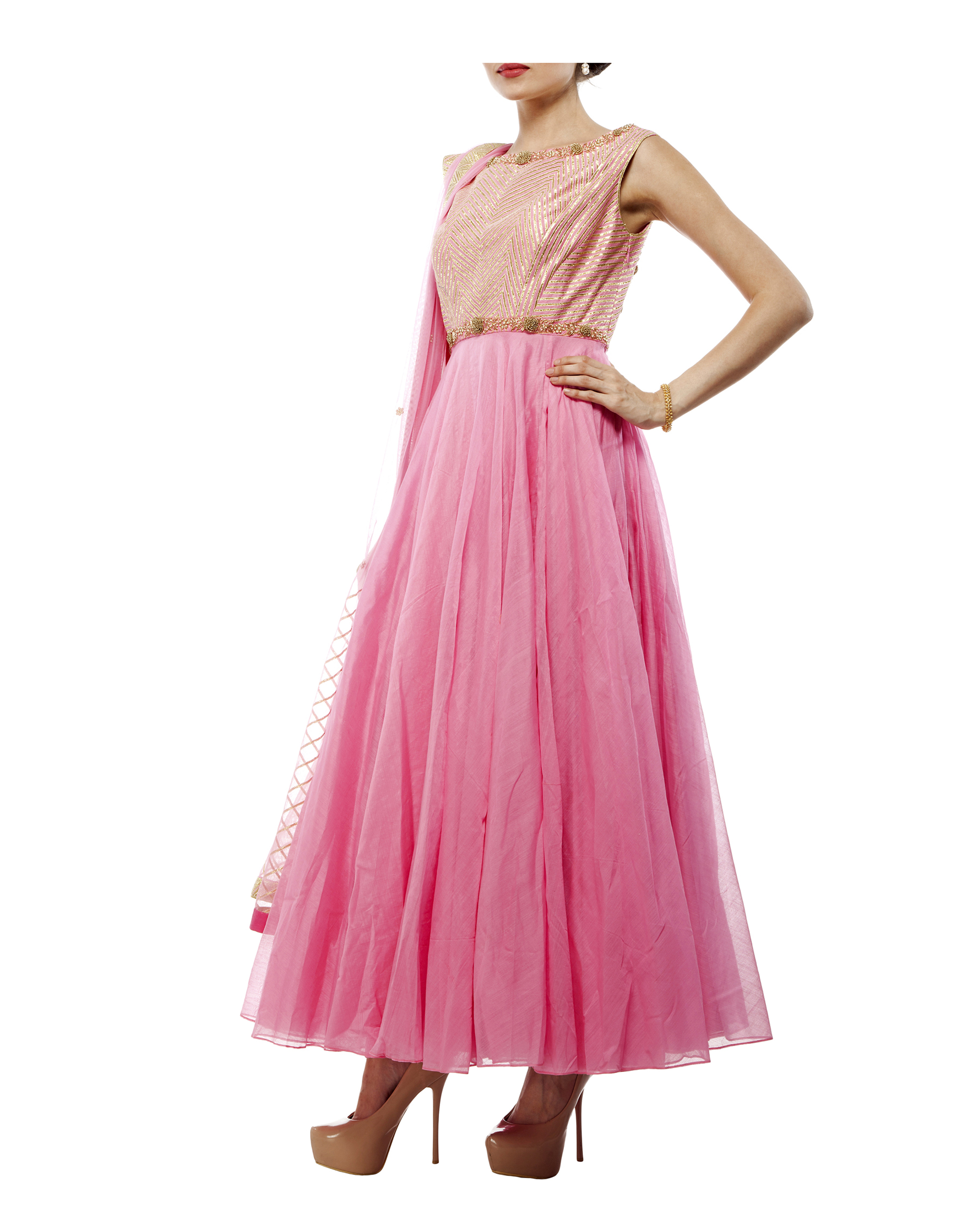 Pink Chanderi anarkali set by Amrita Thakur | The Secret Label