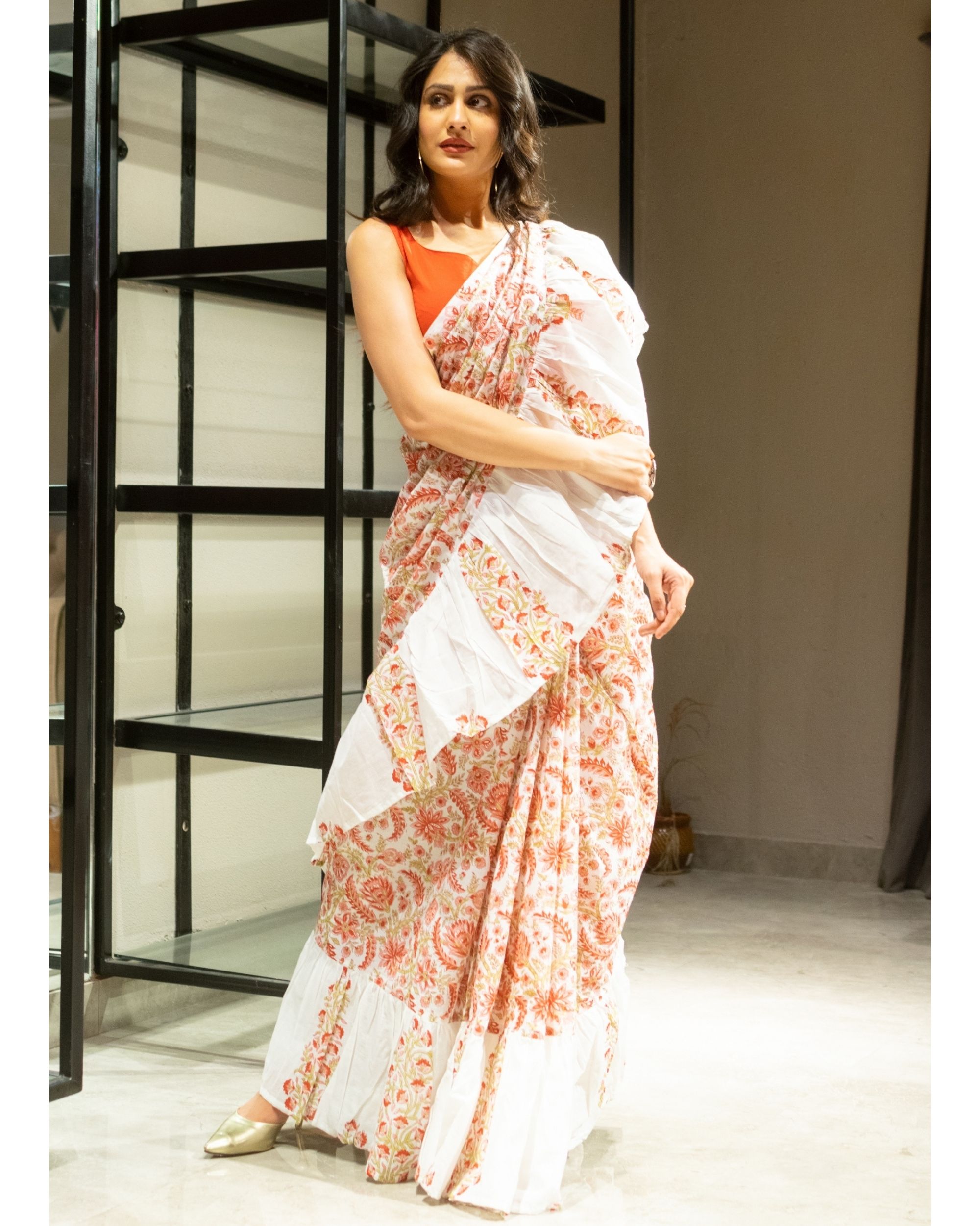 Off white and red floral ruffled sari with blouse piece - Set Of Two by ...