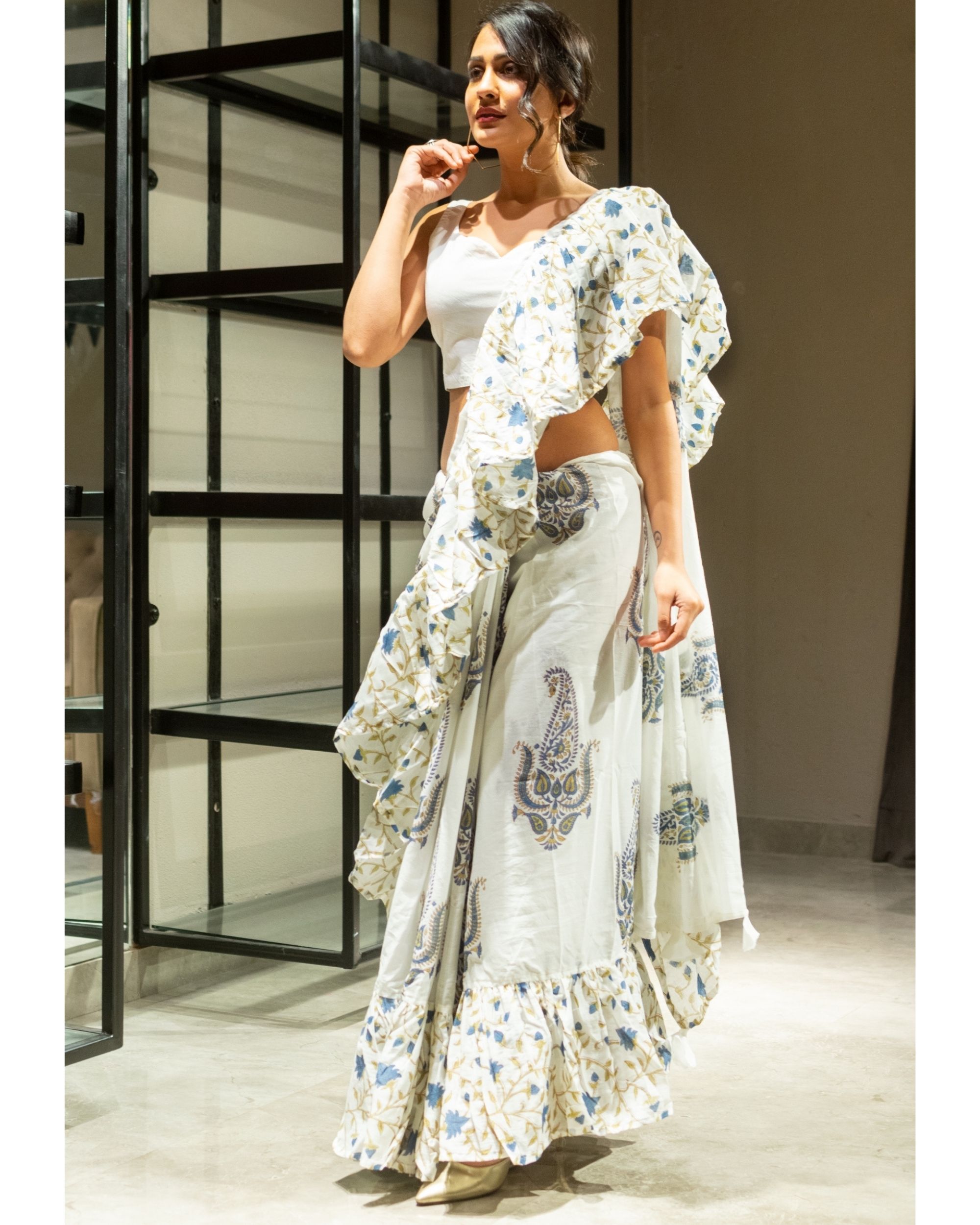 Off white and blue paisley hand block printed ruffled sari with blouse ...