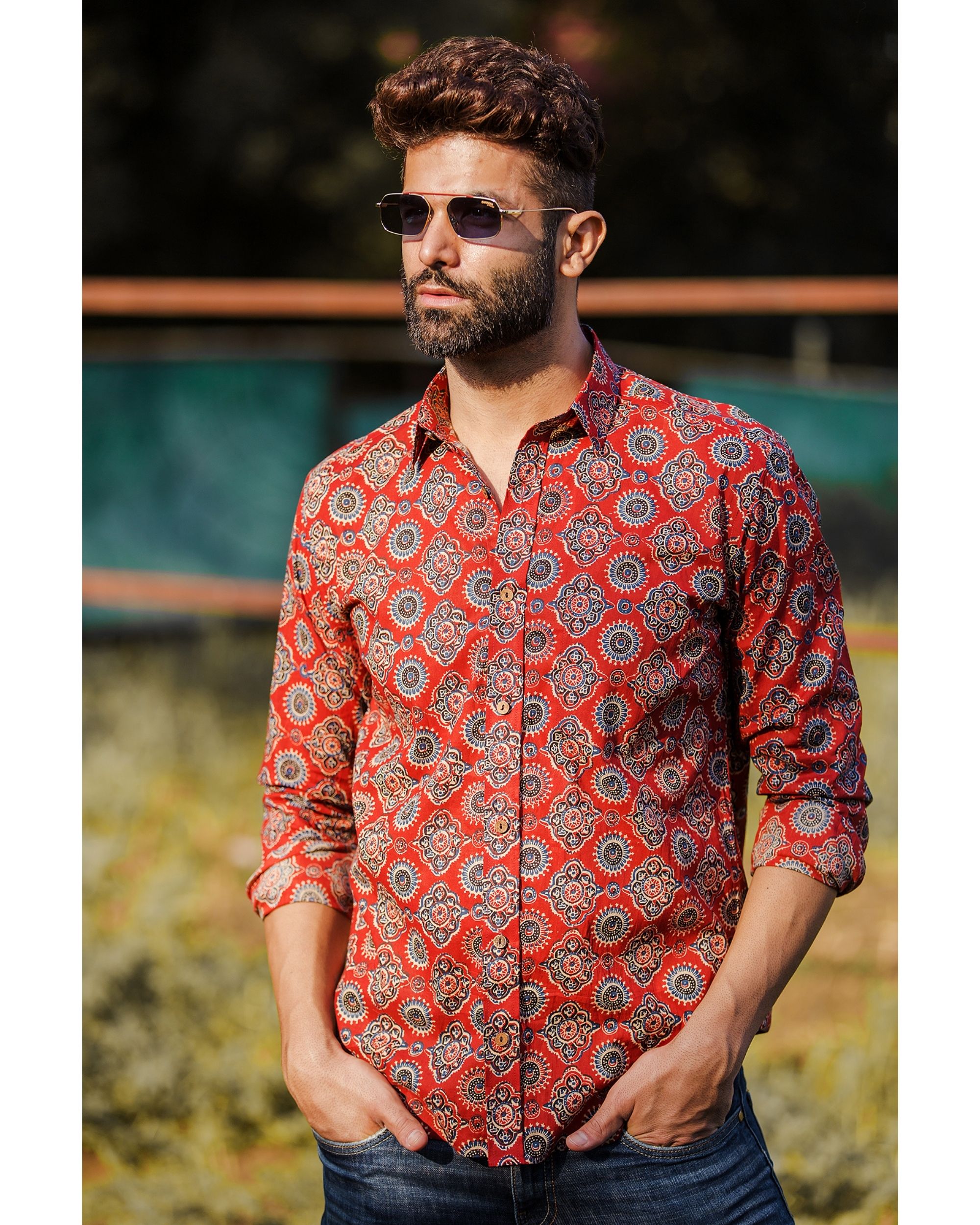 Persian red ajrakh printed shirt by Prints Valley | The Secret Label