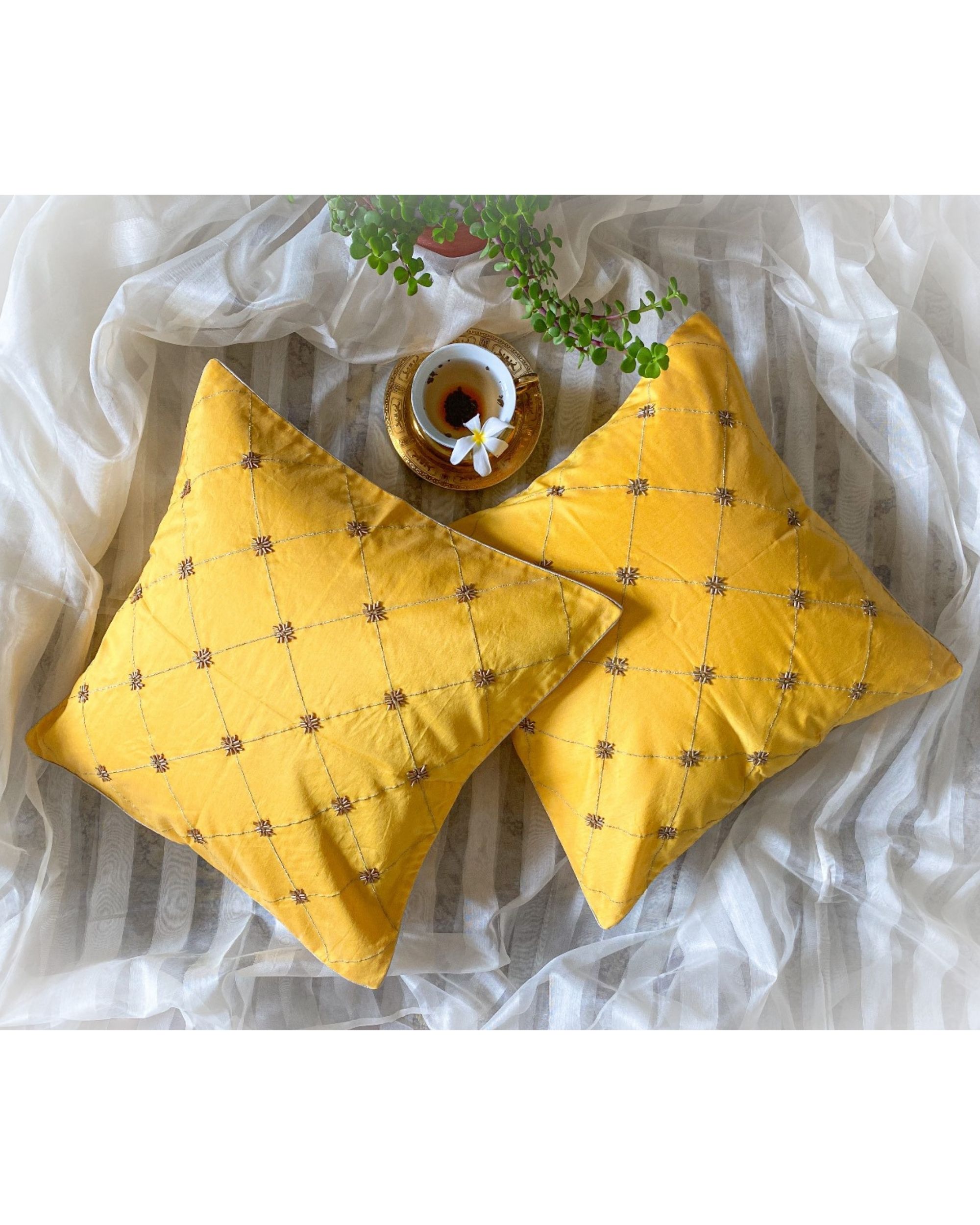 Yellow checkered cushion cover by Taramira | The Secret Label