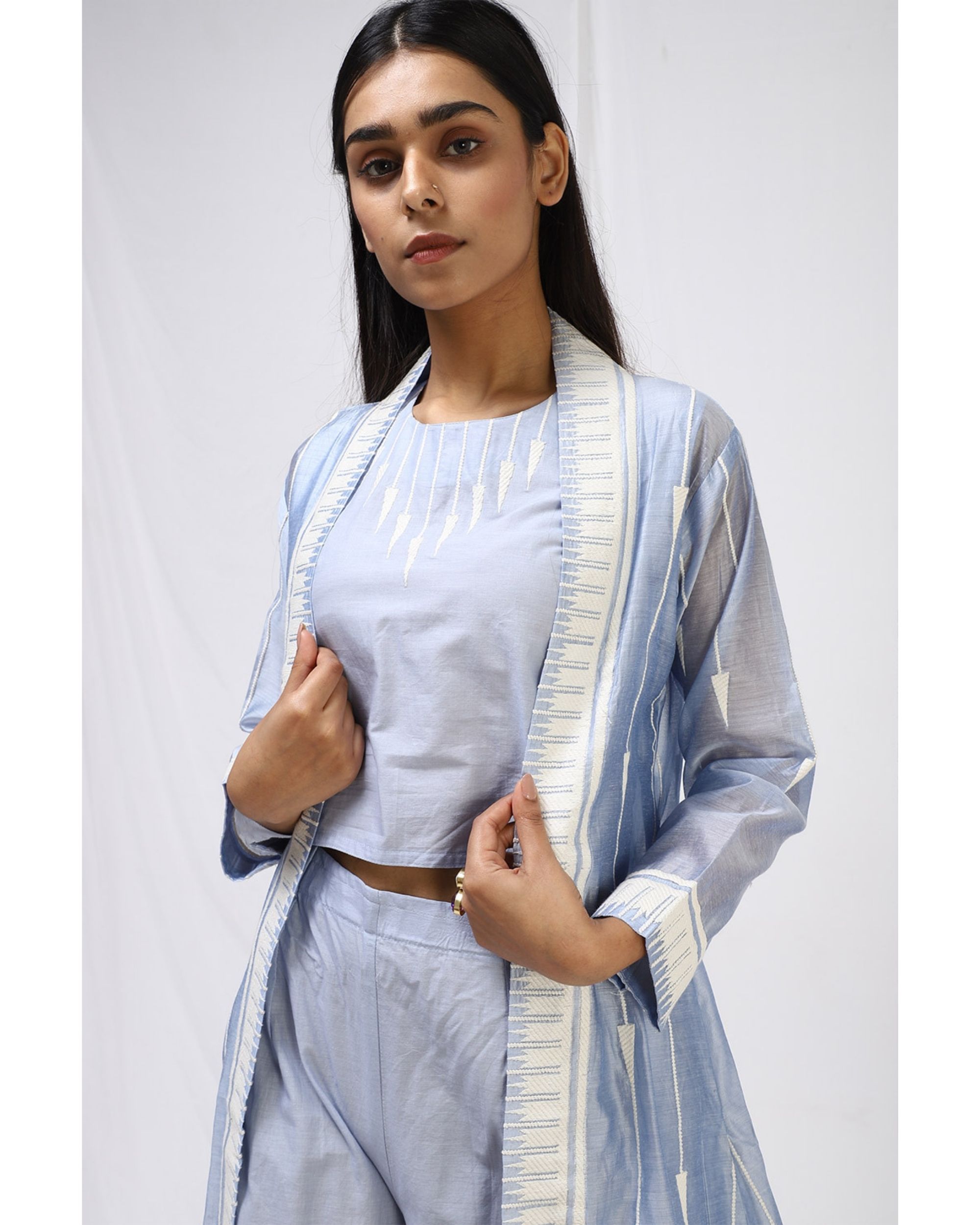 Powder blue embroidered crop top and flared pants with jacket - Set Of ...
