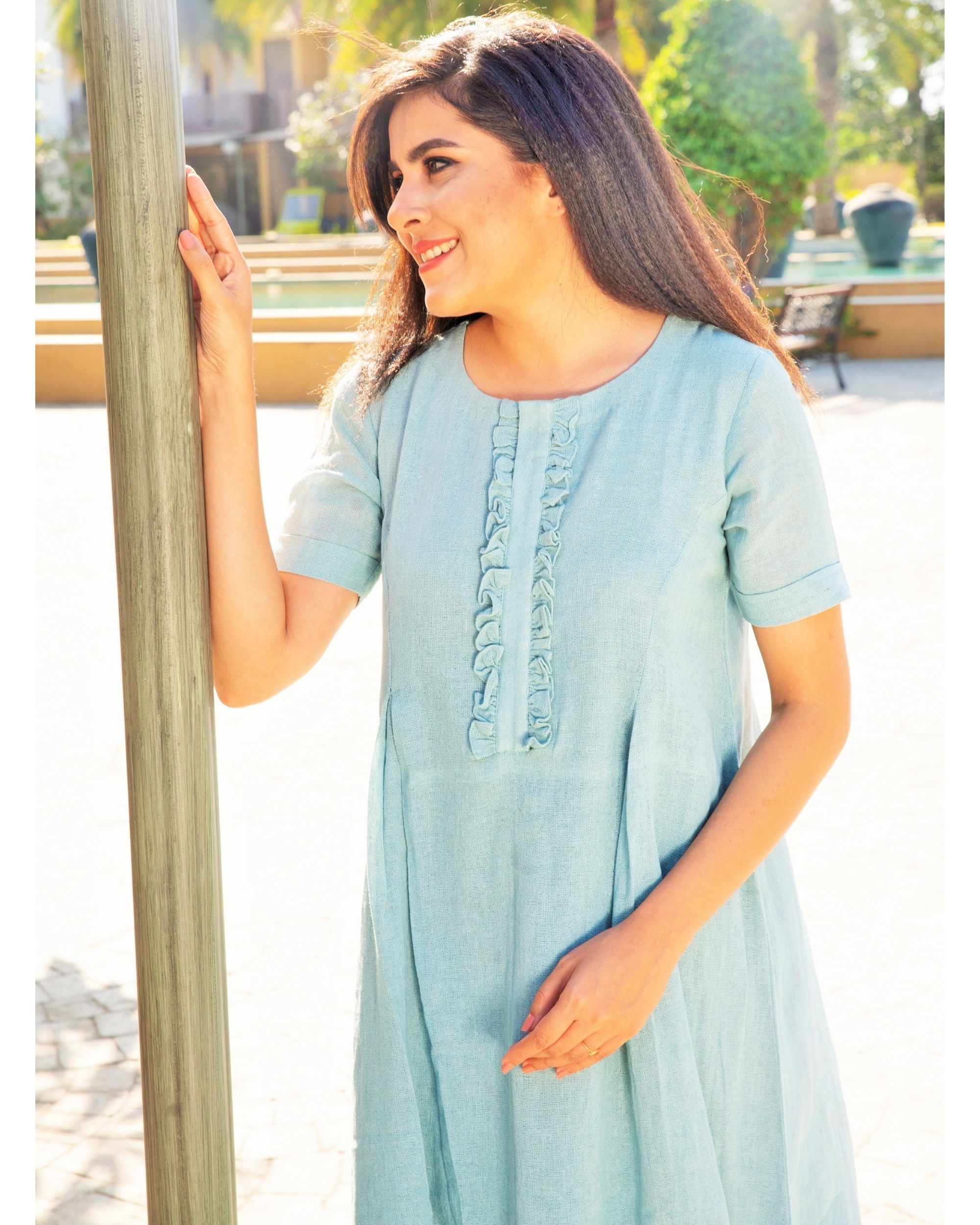 Rust blue pleated jute dress by Shreetatvam | The Secret Label