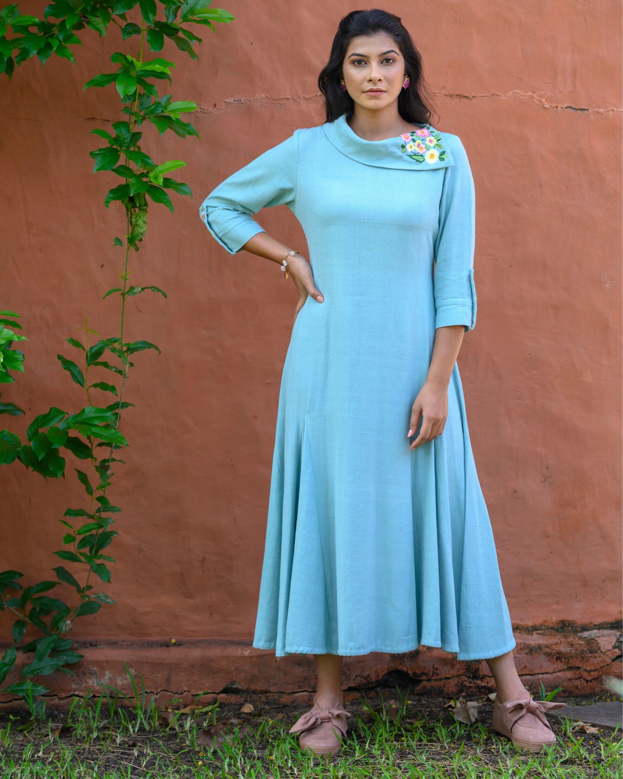 Powder blue embroidered cowl collared dress by Label Anoh | The Secret ...