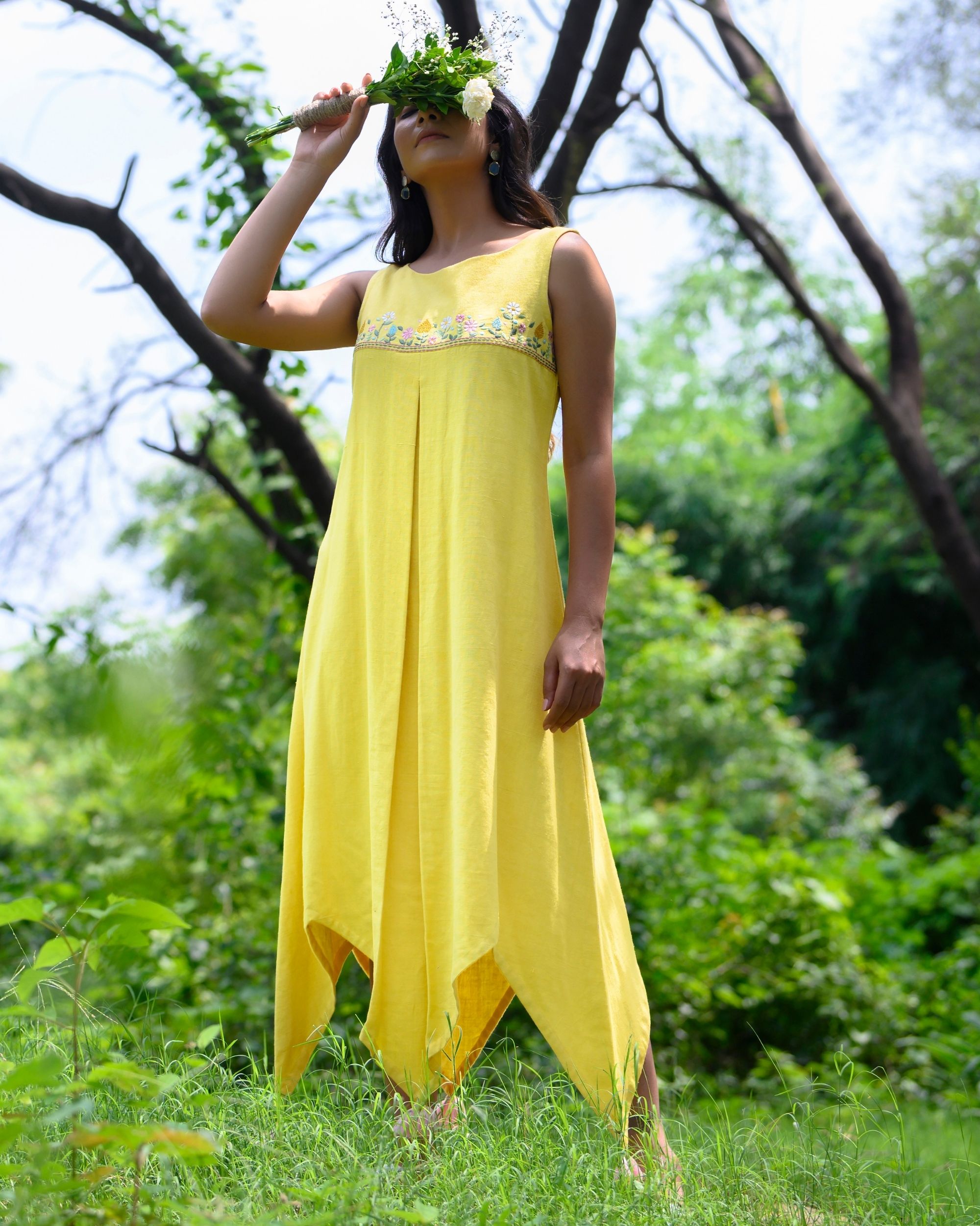 Yellow floral embroidered handkerchief dress by Label Anoh | The Secret ...