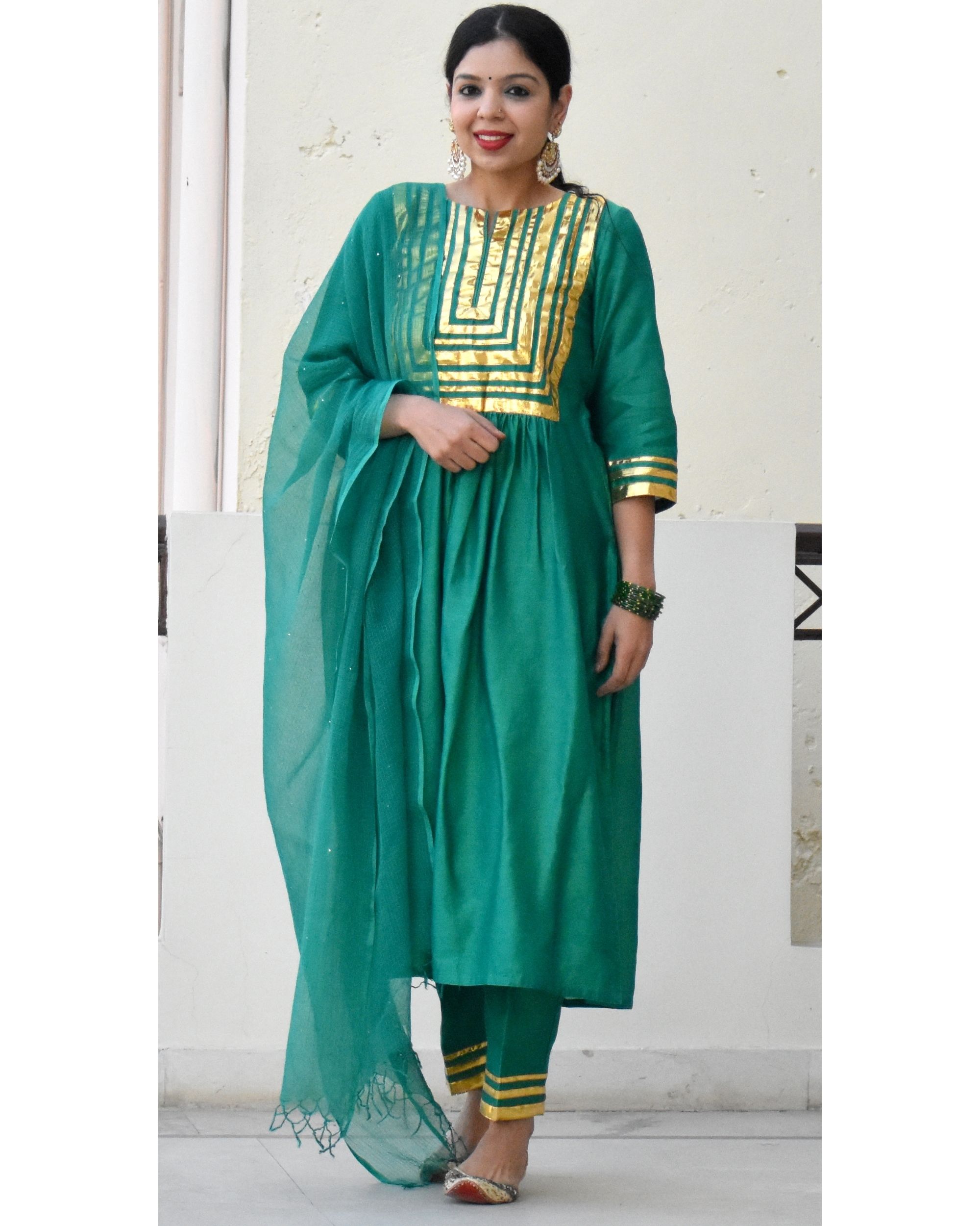 Pine green and golden gota kurta with pants and dupatta - set of three ...
