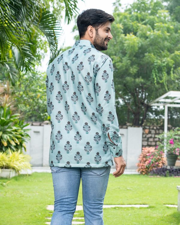 Sea green and brown boota printed shirt by Desi Doree | The Secret Label