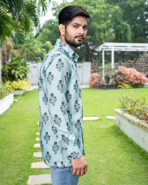 Sea green and brown boota printed shirt by Desi Doree | The Secret Label