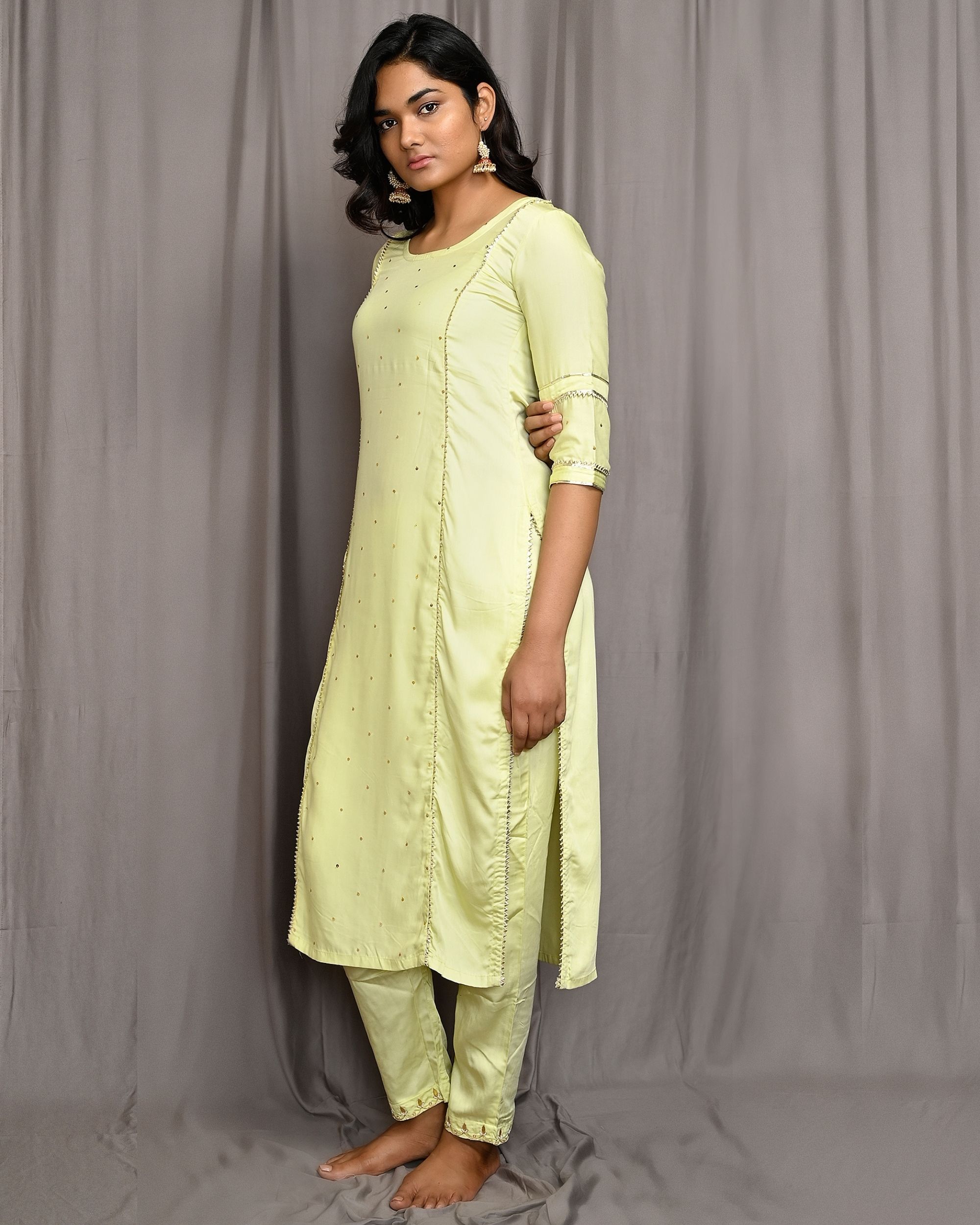 Lemon yellow embroidered gota kurta with pants and dupatta - Set Of ...