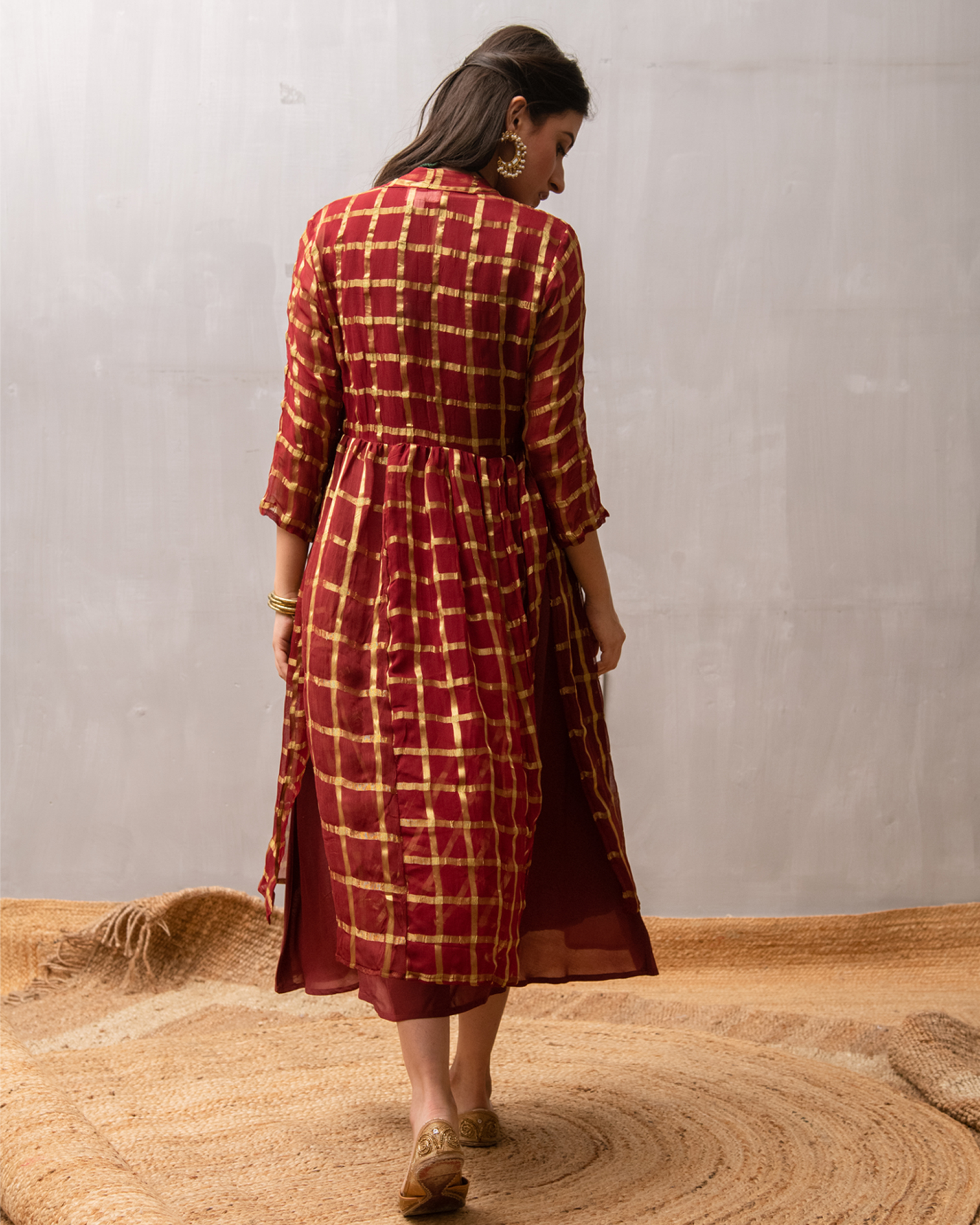 Rust and gold sequined dress with checkered cover up - Set Of Two by ...