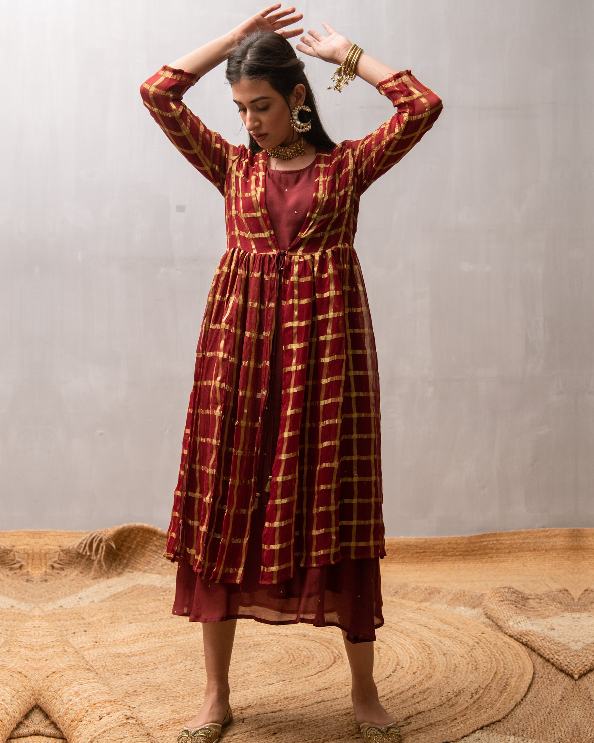 Rust and gold sequined dress with checkered cover up - Set Of Two by ...