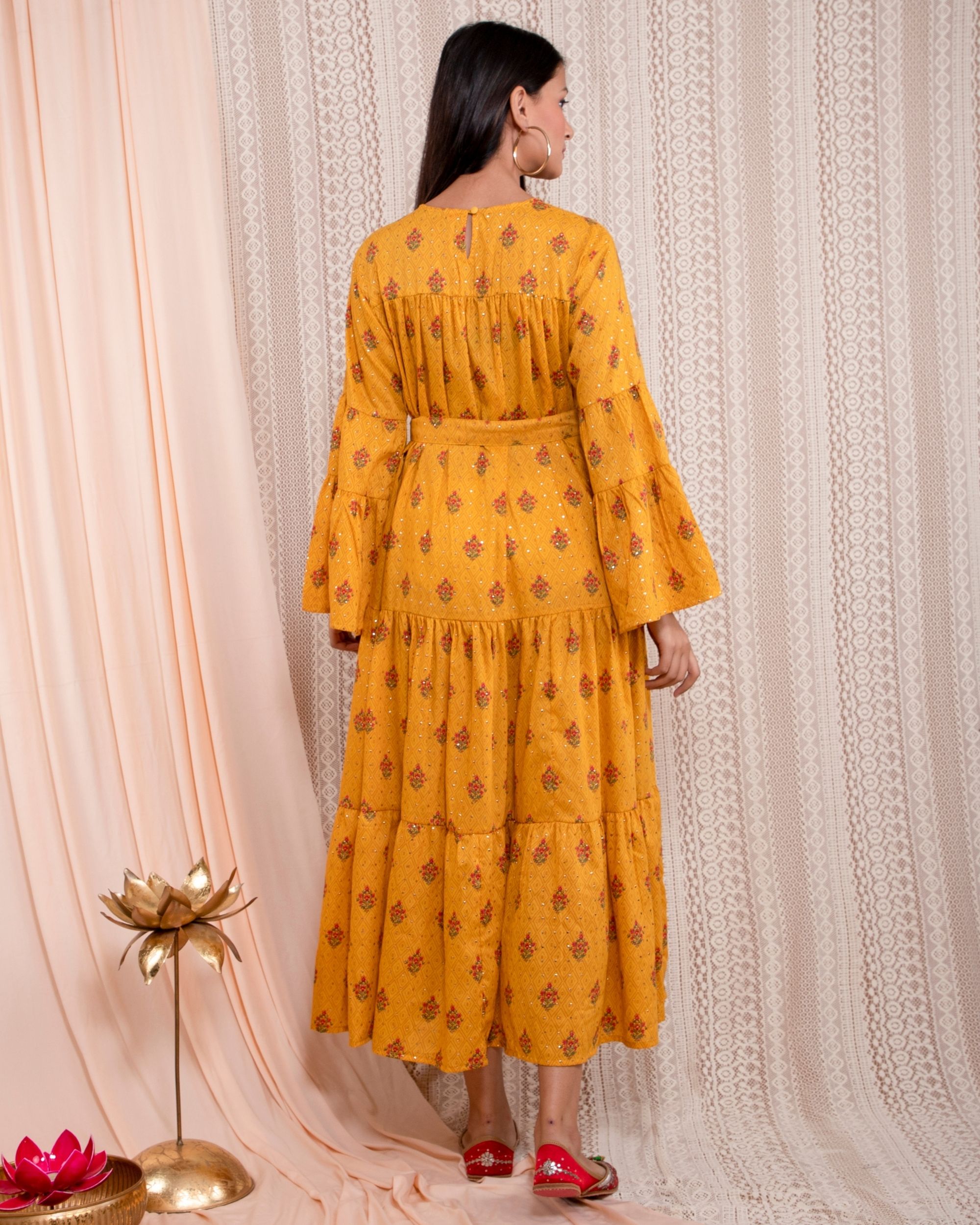 Mustard yellow tiered dress with belt by Studio Misri | The Secret Label