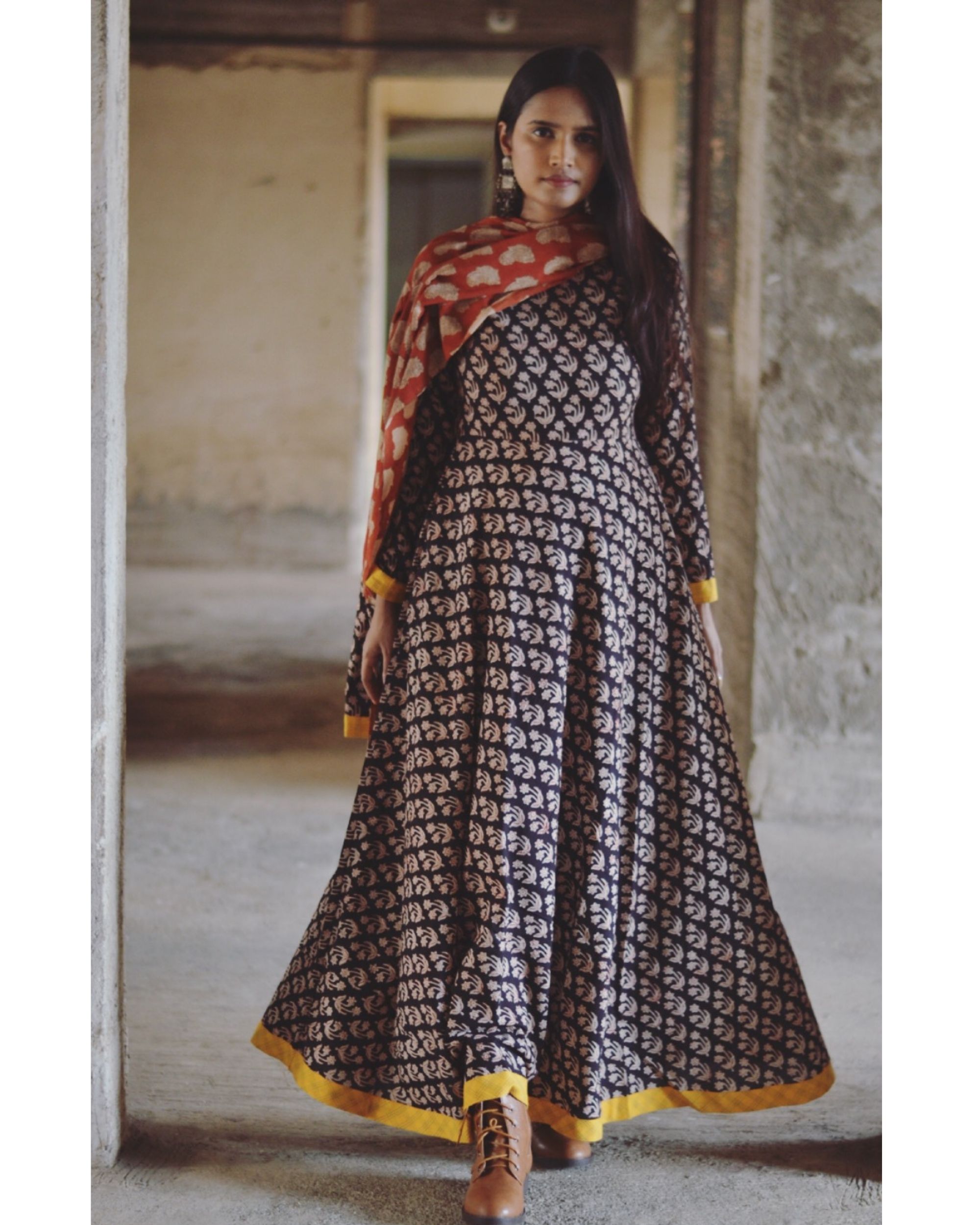 Black tribal printed dress with printed red dupatta - Set Of Two by Tie ...