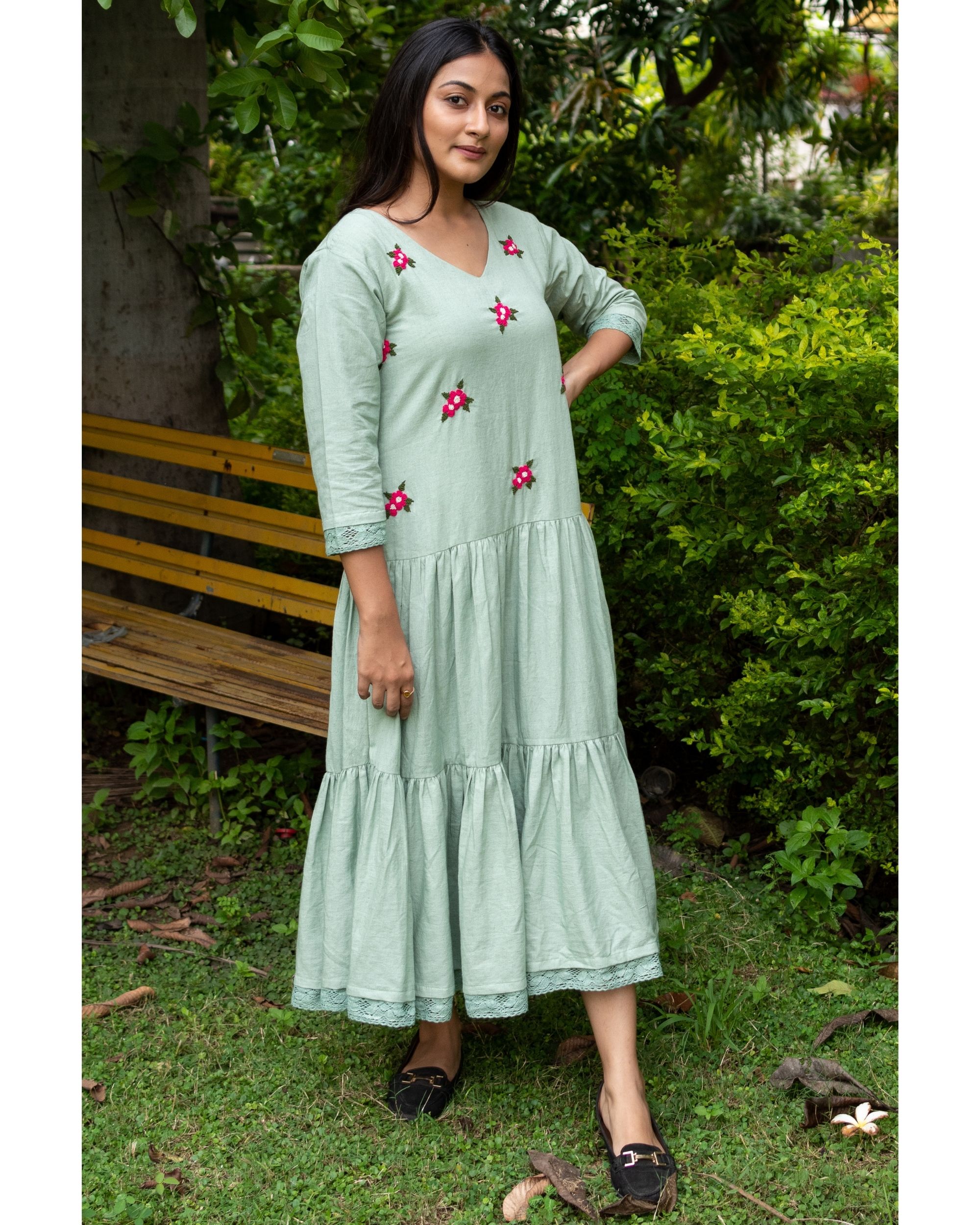 Mint green hand embroidered tiered dress by Studio Tattva | The Secret ...