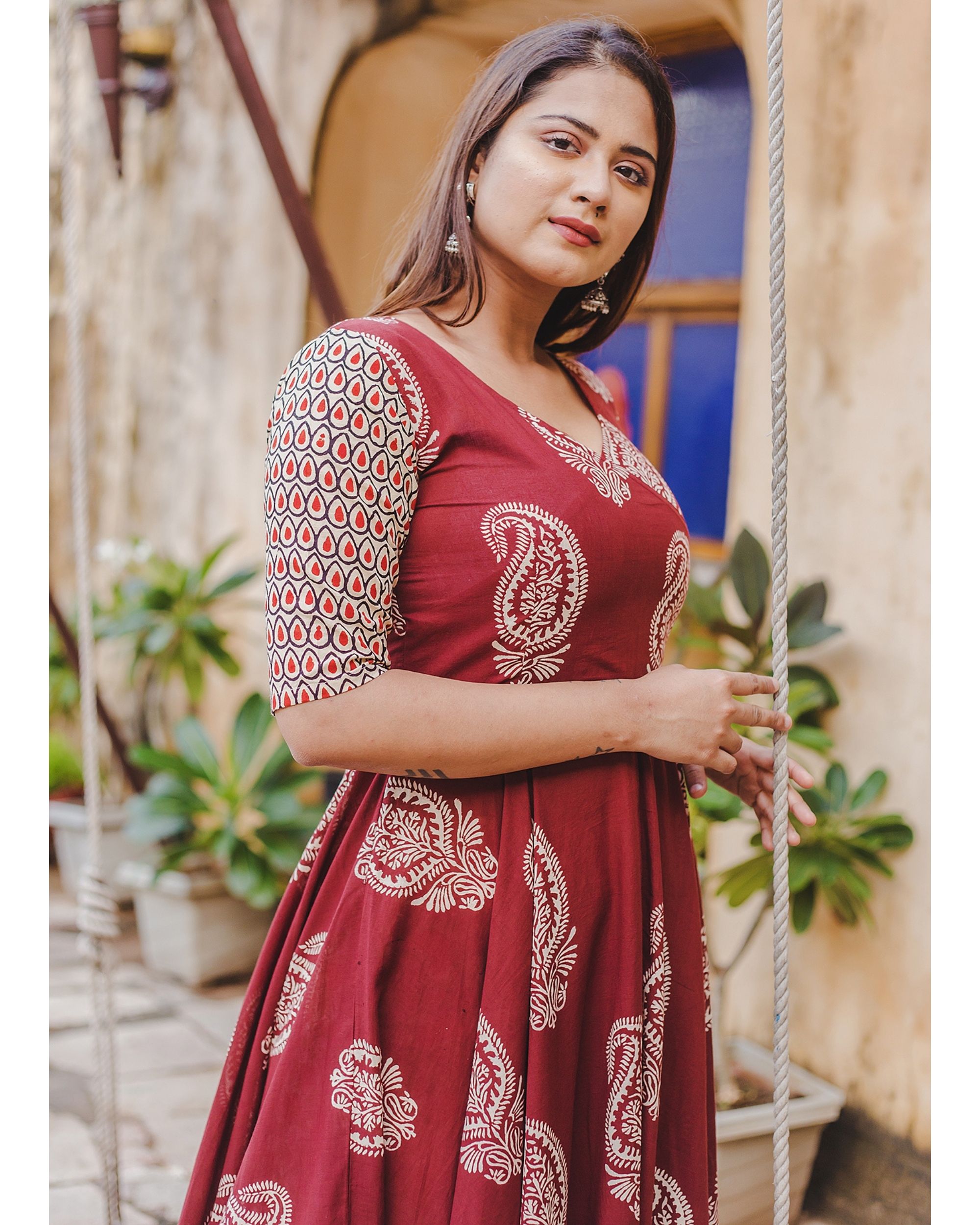 Maroon block print paisley dress by Prints Valley | The Secret Label
