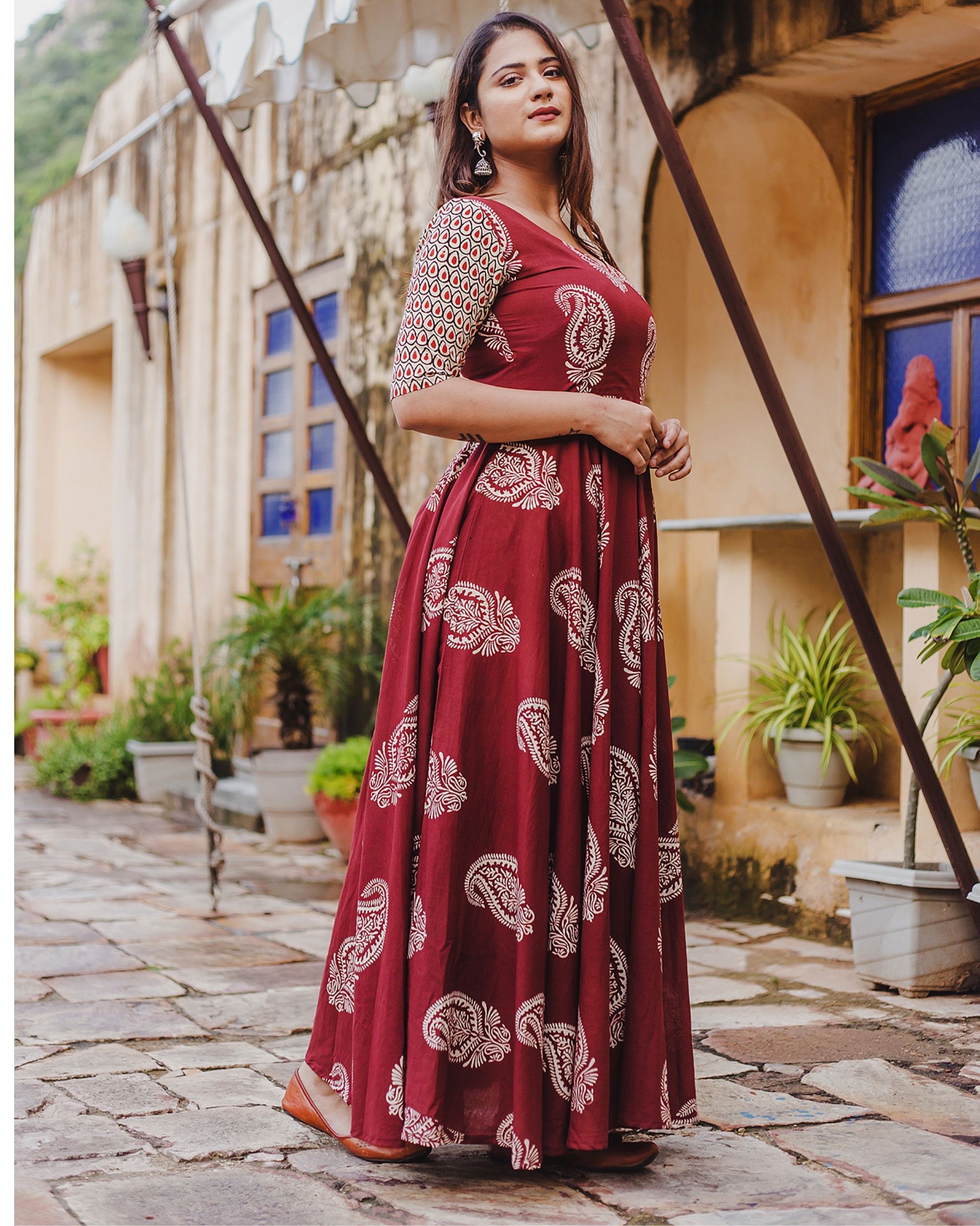Maroon block print paisley dress by Prints Valley | The Secret Label