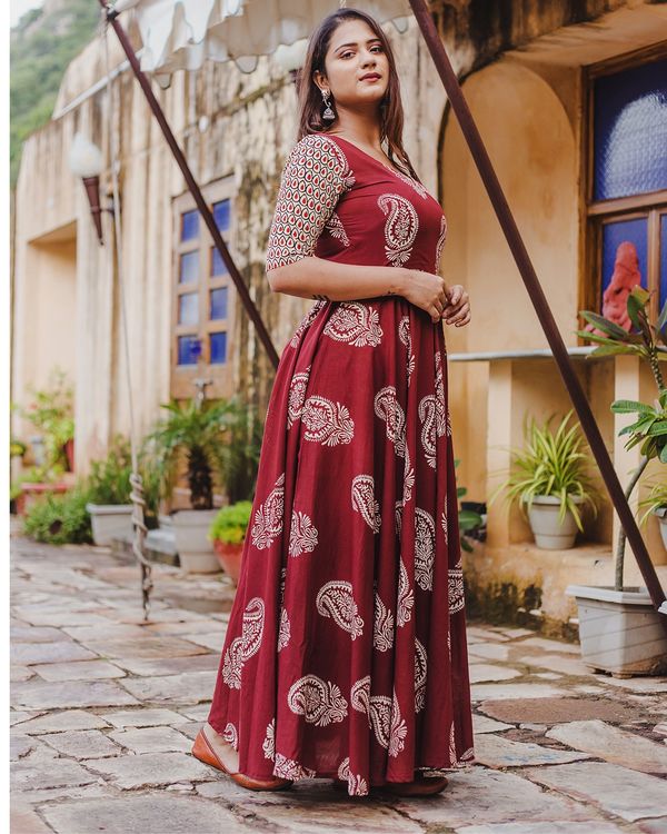 Maroon block print paisley dress by Prints Valley | The Secret Label